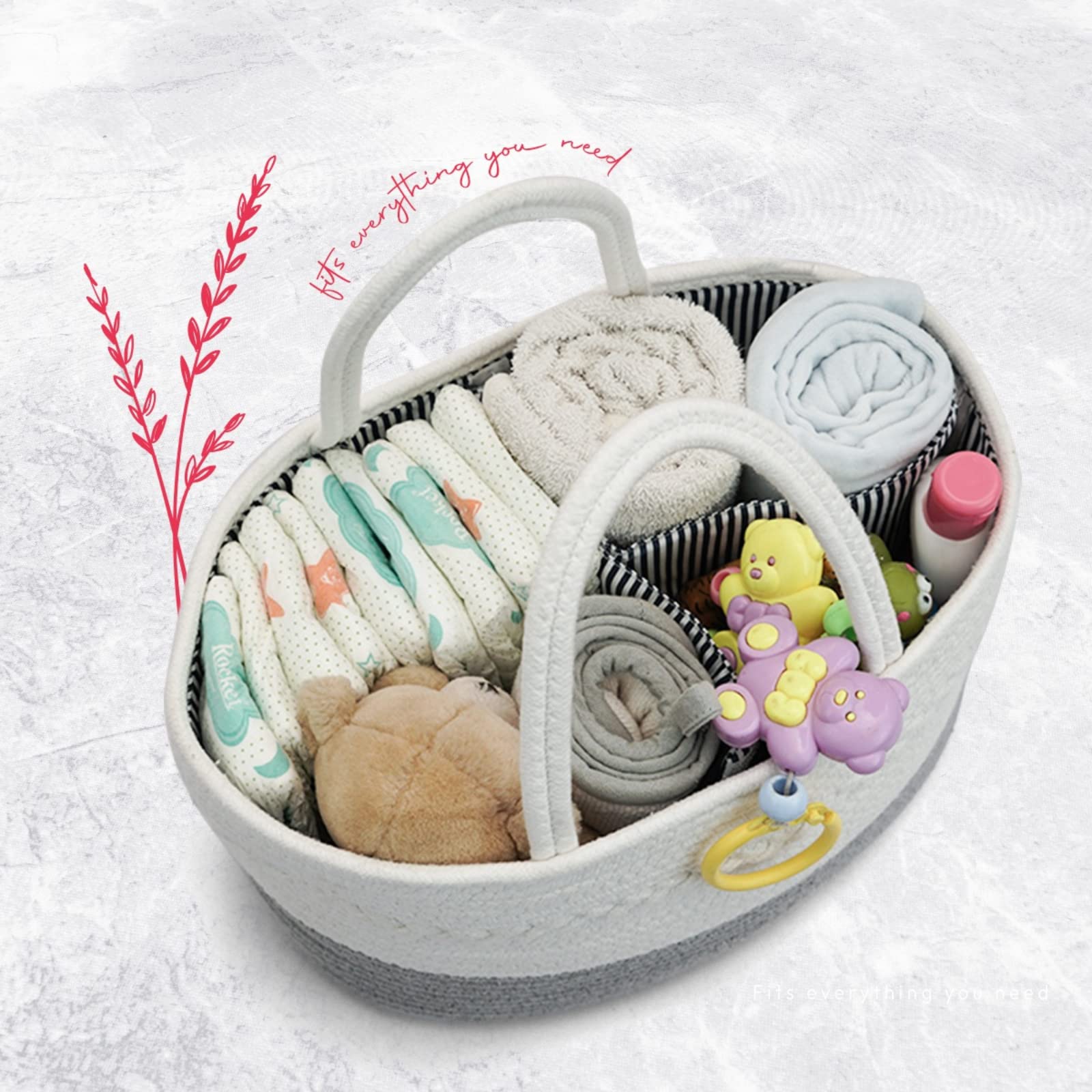 KEN Baby Diaper Caddy Organizer – Grey White Cotton Rope Portable Diaper Organizer for Changing Table, Nursey Storage Bin with Removable Inserts