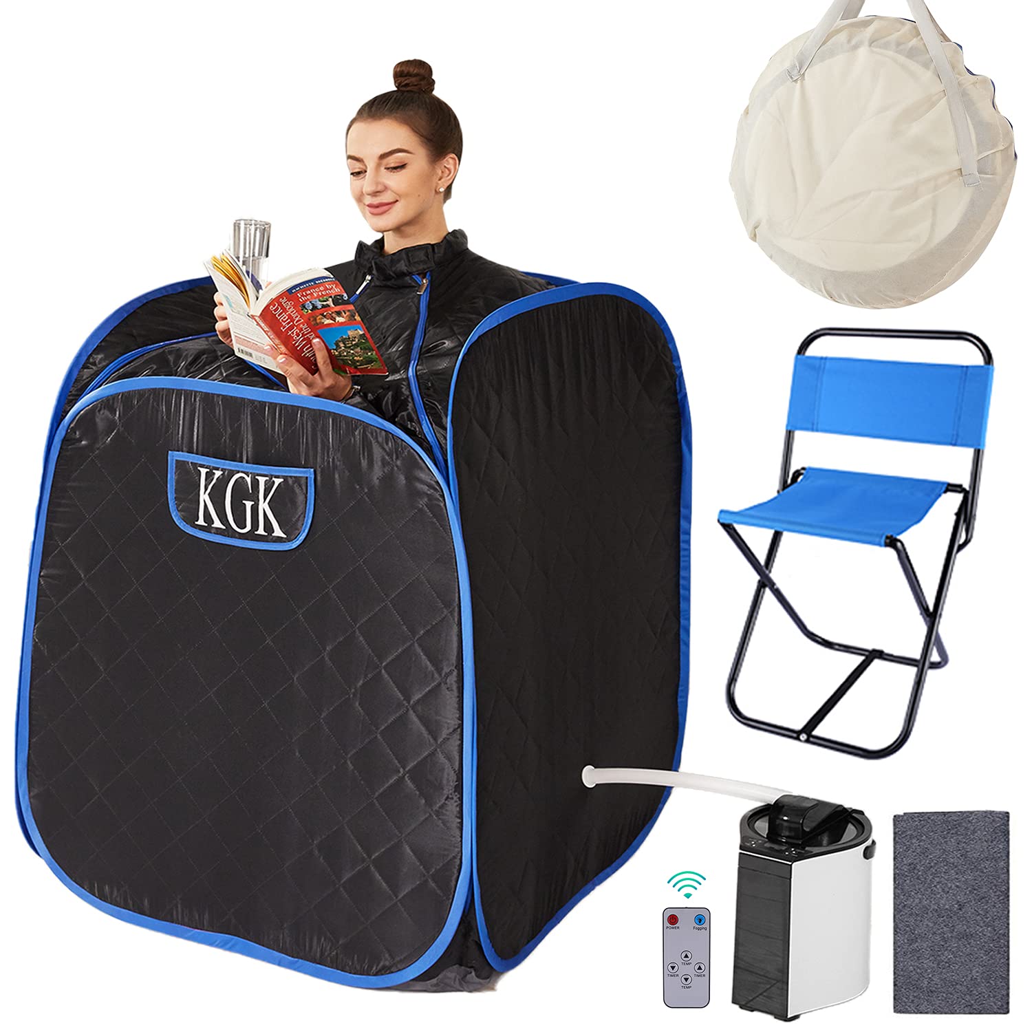 KGK Portable Steam Sauna Spa, 3L Personal Sauna for Home Relaxation, Lightweight Sauna Tent Full Body Spa with Steam Pot, Remote Control, Foldable Chair, Carrying Bag(Black)