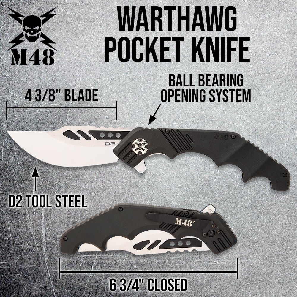 M48 Warthawg Pocket Knife | D2 Tool Steel Blade | Ball Bearing Opening | Pocket Clip | Injection-Molded Nylon Handle | Closed Length 6.75β