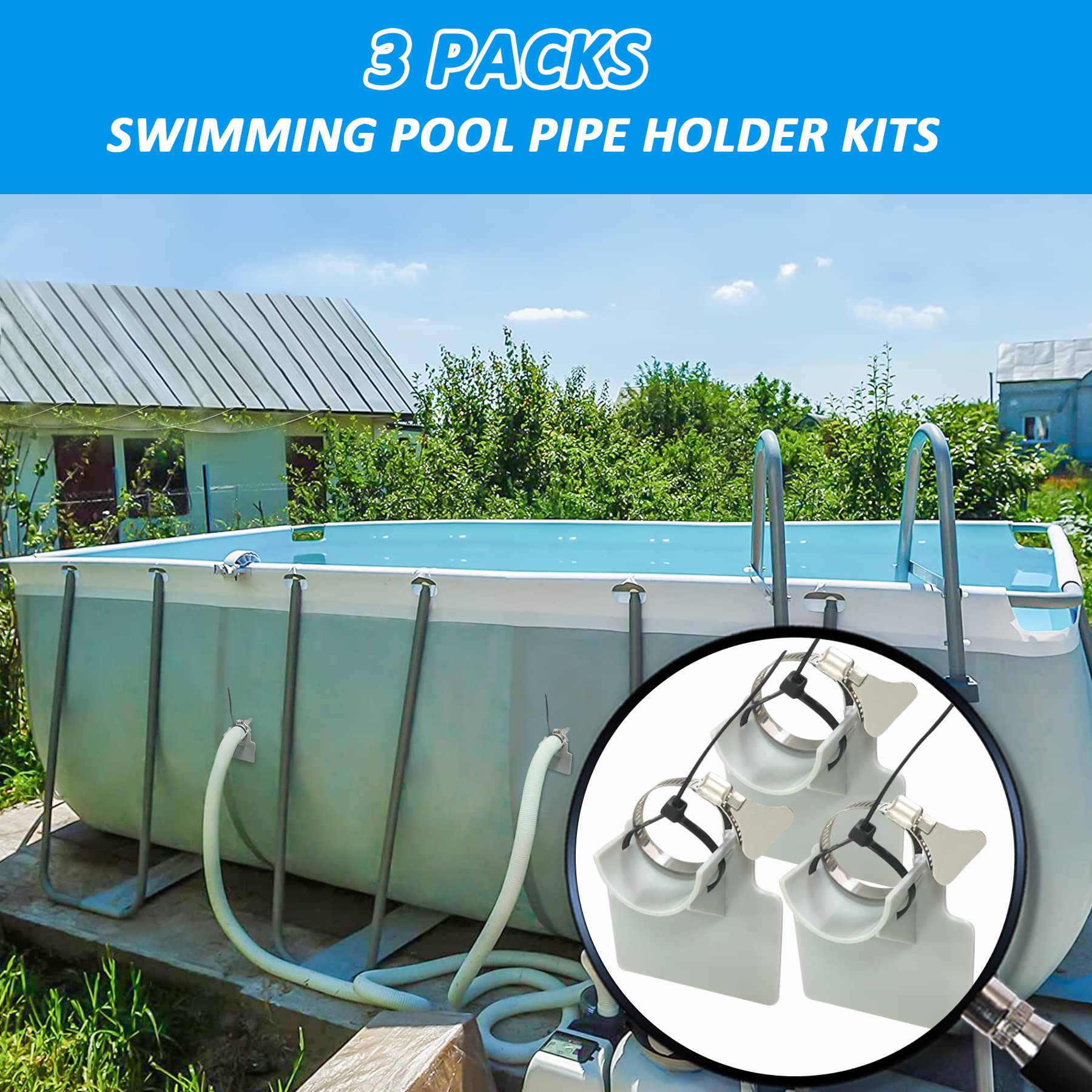 Magoog Swimming Pool Pipe Holders 3 PCS, Fits 1.5'(MAX) Above Ground Swimming Pool Hose Support Brackets, Prevent Pipe Sagging, with 3 Tapes, 6 Cable Ties& 3 Stainless Steel Hose Clamps
