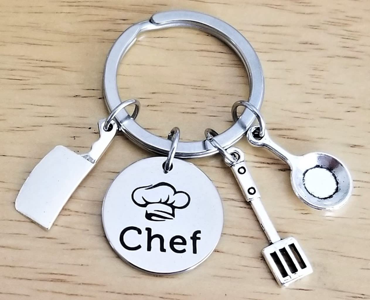 Kit's Kiss Chef Keychain Chef Gift Cooking Spatula Frying Pan Kitchen Knife Chef Hat Charms Culinary Graduation Gift, Silver, Diameter of Key Ring: 1.2 inches (3 cm)