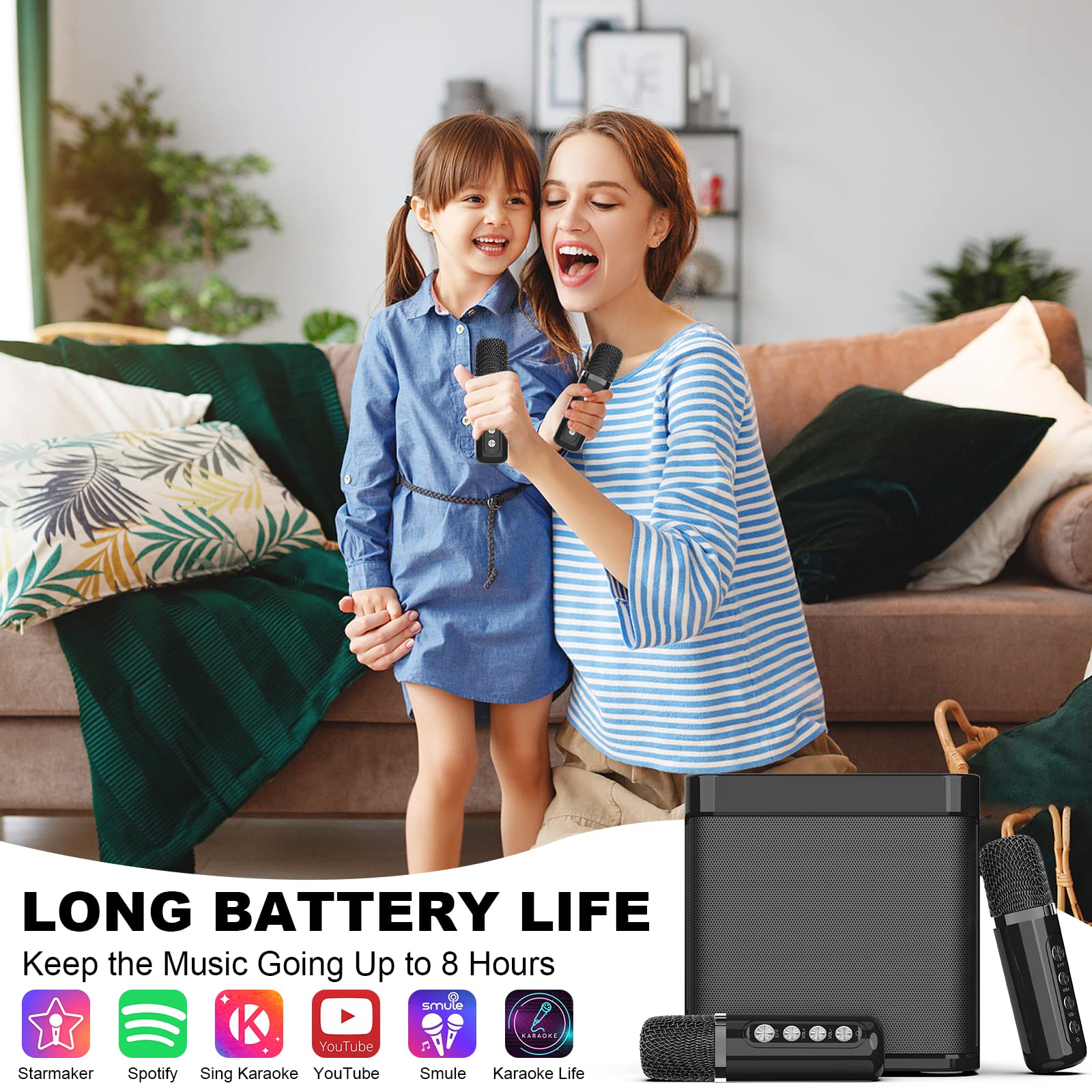 Karaoke Machine with 2 UHF Wireless Microphones for Adults/Kids, WZJP Portable Karaoke Bluetooth PA Speaker System with Echo, Vocal Cut, for Parties