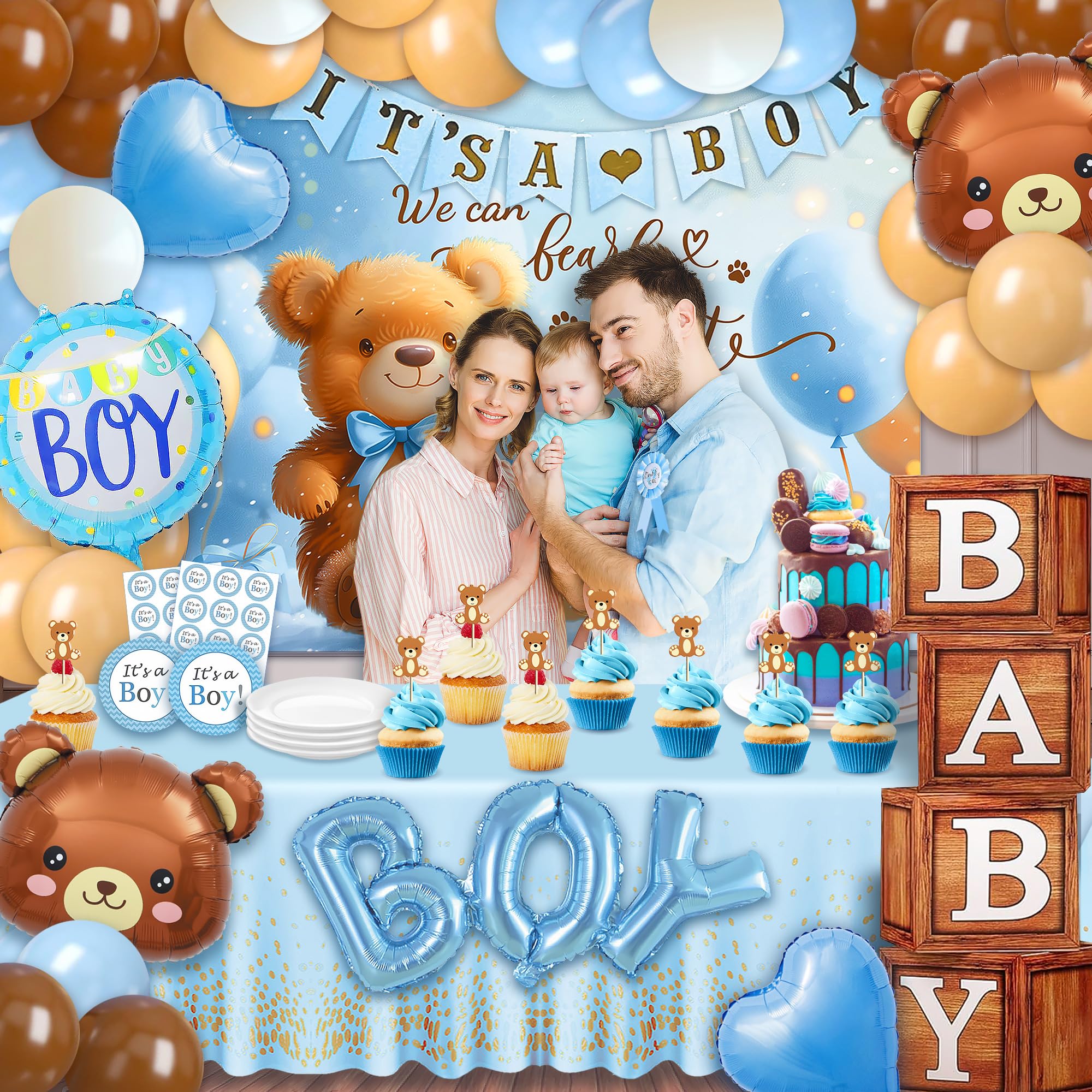 Party Spot!Bear Baby Shower Decorations Boy,80 pcs Balloons,4 Wood Grain Blocks with Letter,"We can bearly wait" Backdrop,Banner,Tablecloth,Balloon Pump, Blue Brown Bear Theme