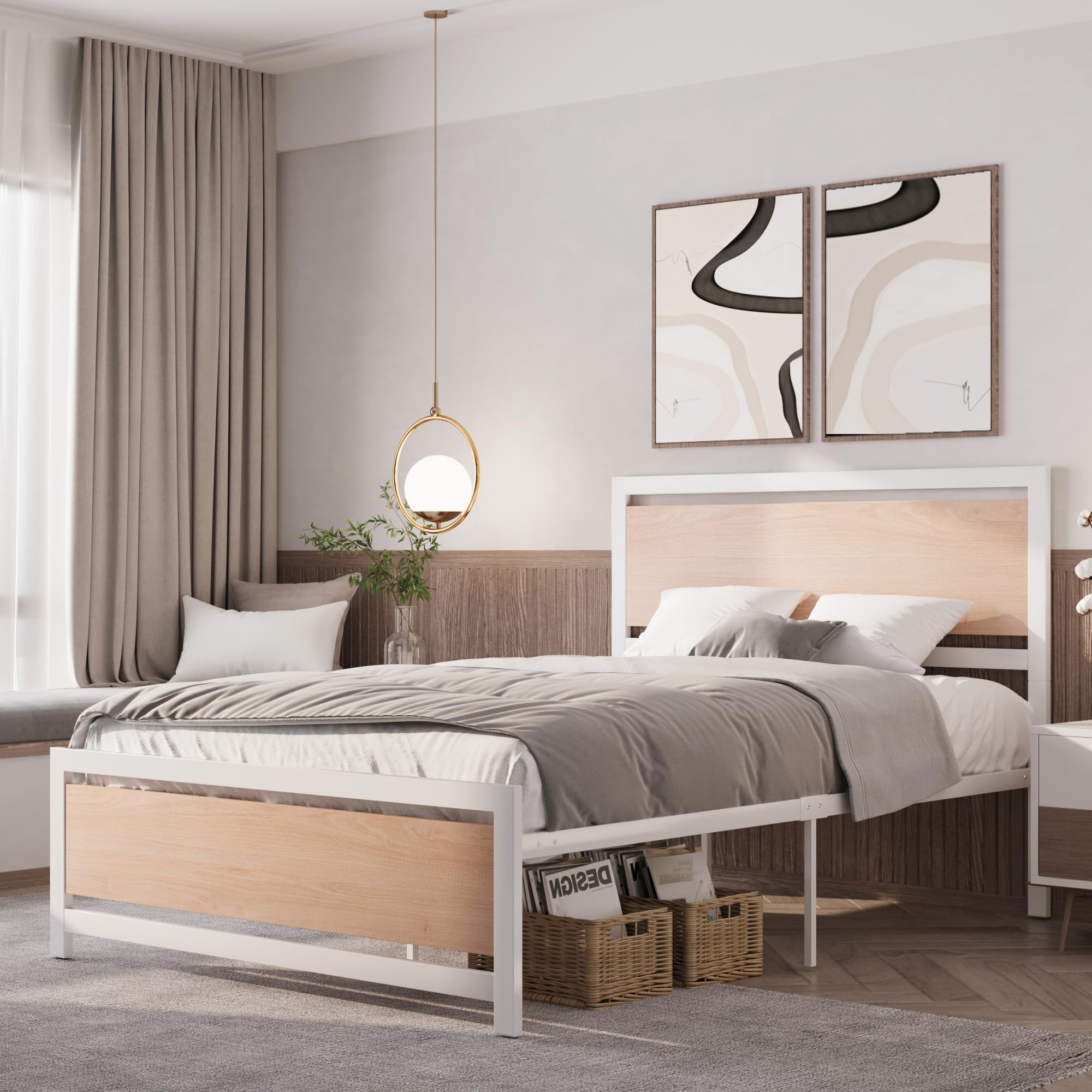 Merax Metal Platform Bed, Bed Frame with Wood Headboard and Footboard,No Box Spring Needed, Easy to Assemble, Full Size, White