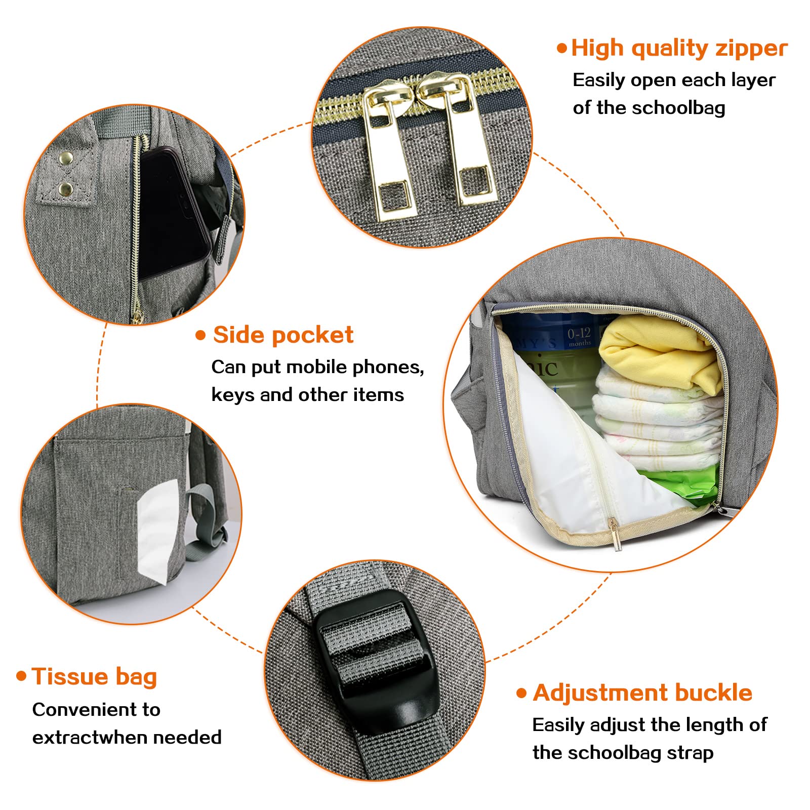 Limhoo Diaper Bag Backpack for Women/Men, Large Canvas Shoulders Diaper Backpack, Nappy Bags for Baby Care Travel (Grey)
