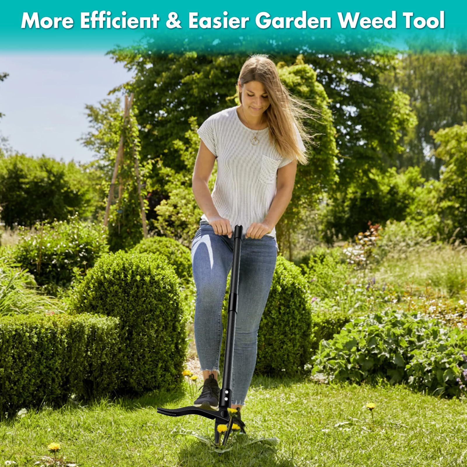Lcokeiy Weed Puller Tool Stand Up Heavy Duty, 63" Long Handle Stand Up Weeder with 4 Claw Steel,Heavy Duty Weeding Tool for Dandelions Root