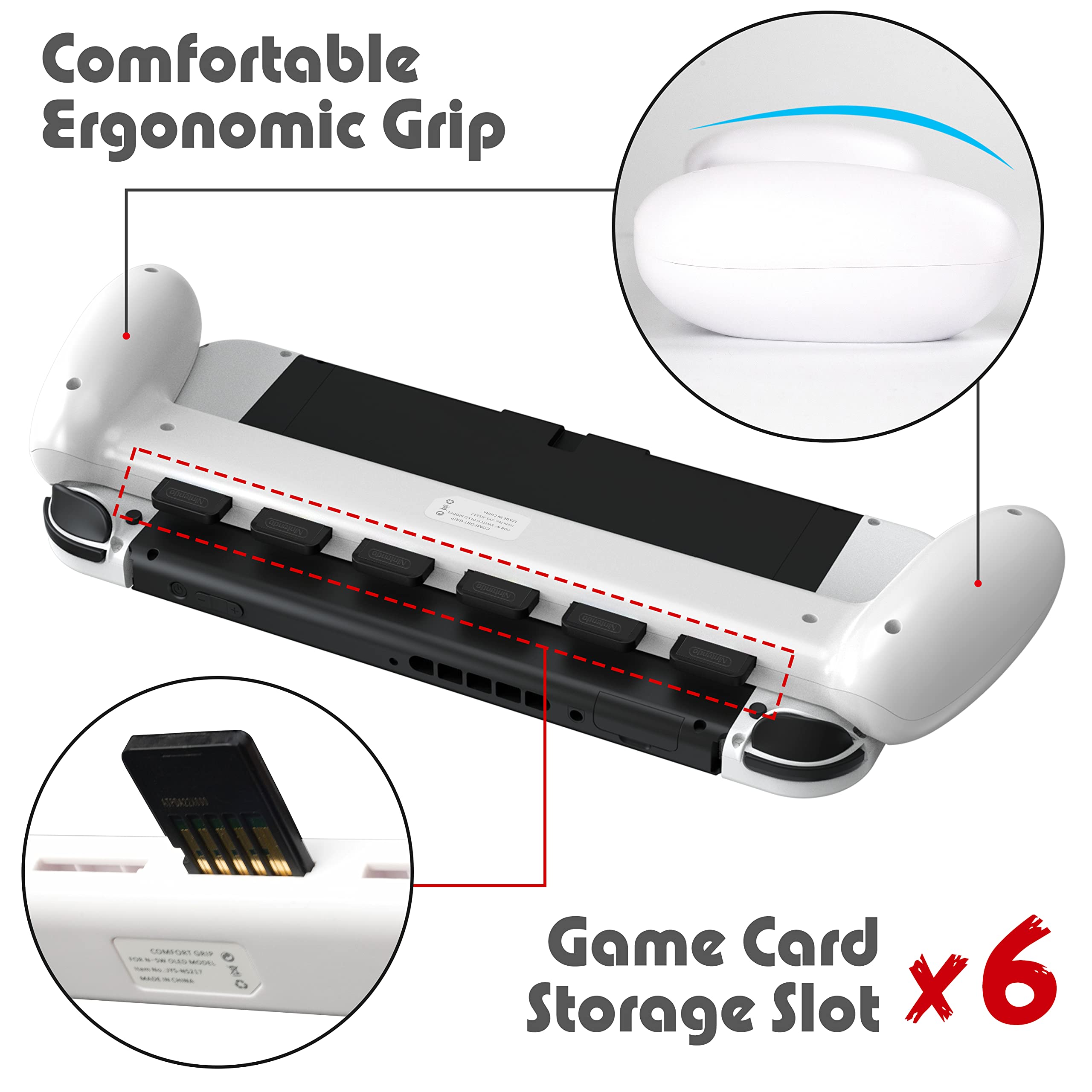 Grip for Nintendo Switch OLED with 6 Game Cartridges Storage Slots, Handheld Mode Switch Case, Comfortable & Ergonomic Grip Case (White)