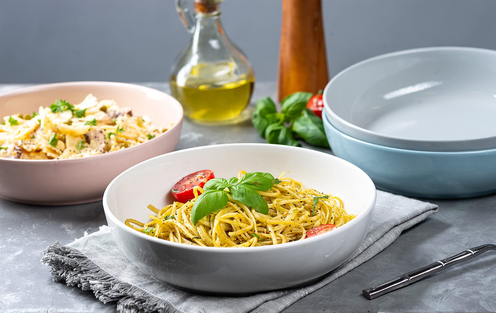 KooK Salad Bowl, Pasta Bowls, Soup, Serving Bowls, Ceramic, Large Capacity, Microwave & Dishwasher Safe, Set of 4, 40 Oz, (White)