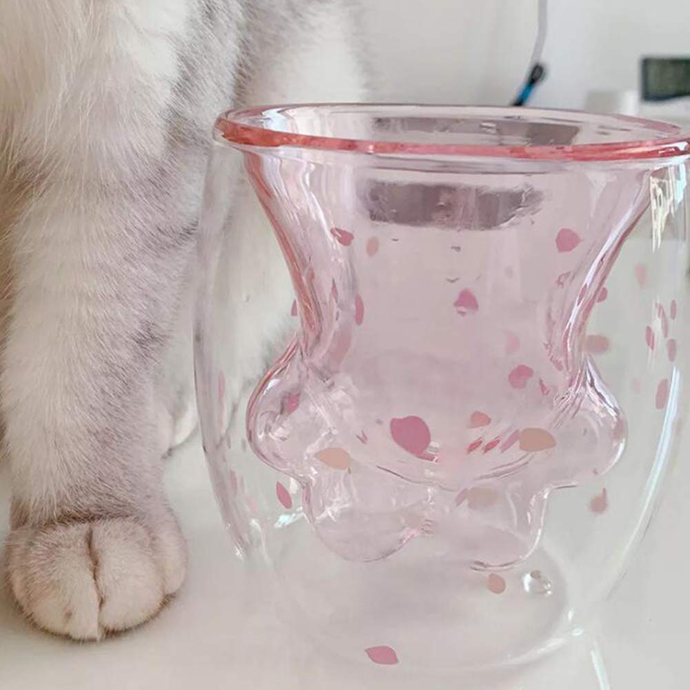 Jsacemxi Sakura Coffee Mug Double Wall Glass Cup Cat Claw Cup Heat-Resistant Handmade Creative Milk Mug Tea Whiskey Cup (Cat Paws) (Cute cups)