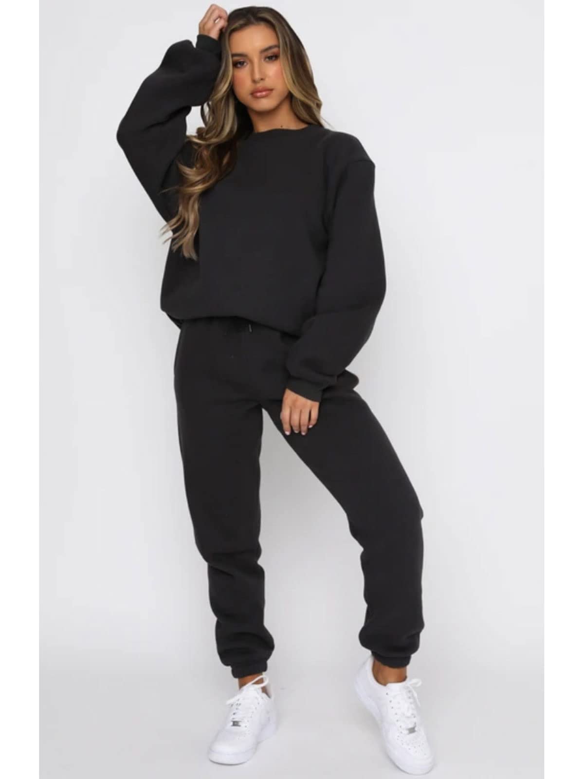 KANSOON Jogger Sets for Women 2 Piece Sweat Suit Casual Solid Color Round Neck Tops Sweatpants Outfits Lounge Set Black XXL