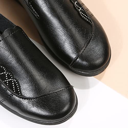 Ladies Fashion Solid Color Leather Rhinestone Flat Sole Comfortable Casual Shoes 10 Rain Boot Black