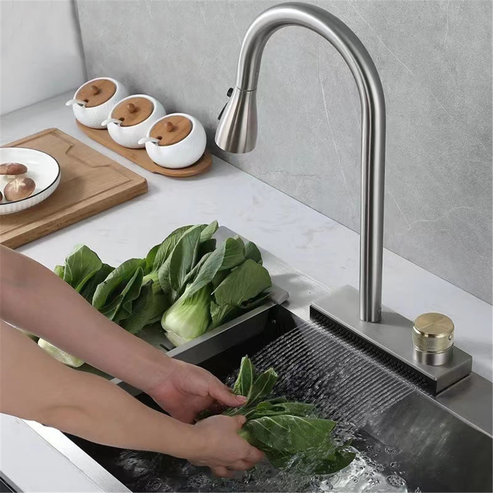 Kitchen Faucet with Pull Down Sprayer Stainless Steel Brushed Nickel Waterfall Faucet Farmhouse Commercial Bar Waterfall Kitchen Sink Faucet,Black