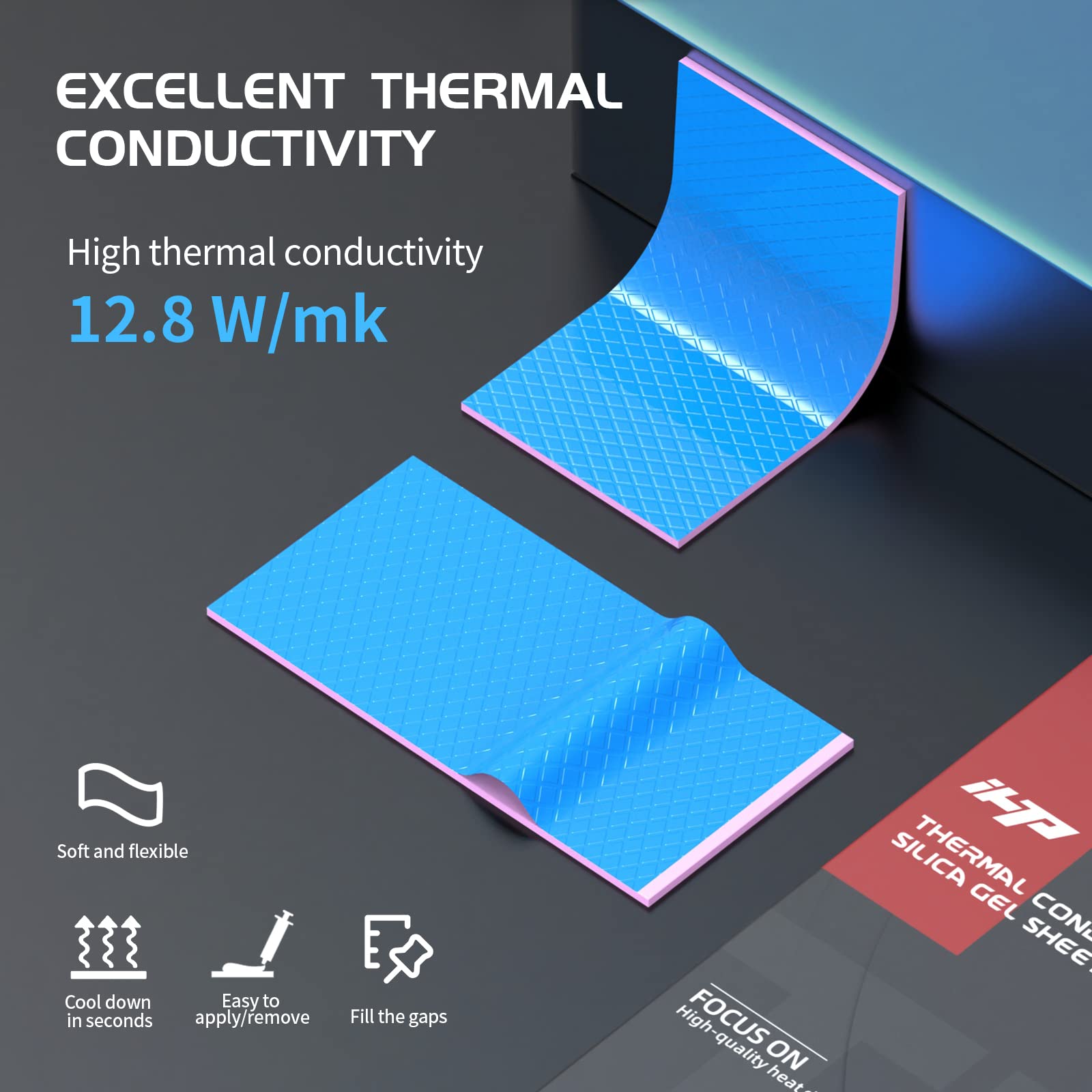 iHTP Thermal Pad 12.8 W/mk Non Conductive Heat Dissipation Silicone Pad for PC Laptop Heatsink/GPU/CPU/LED Graphics Card, 70x20mm, 0.5mm, 1.0mm,1.5mm, 2.0mm 4 Pieces