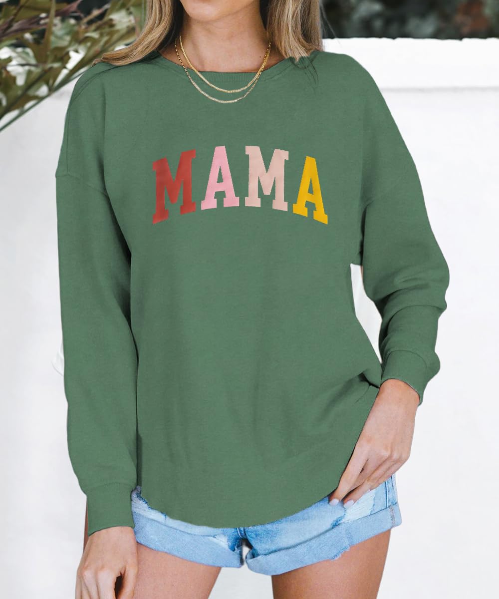 KEKEMI Mama Sweatshirt For Women Crewneck Mama Letter Print Pullover Tops Long Sleeve Mom Life Shirts Casual MAMA Graphic Top(Green-05,Small