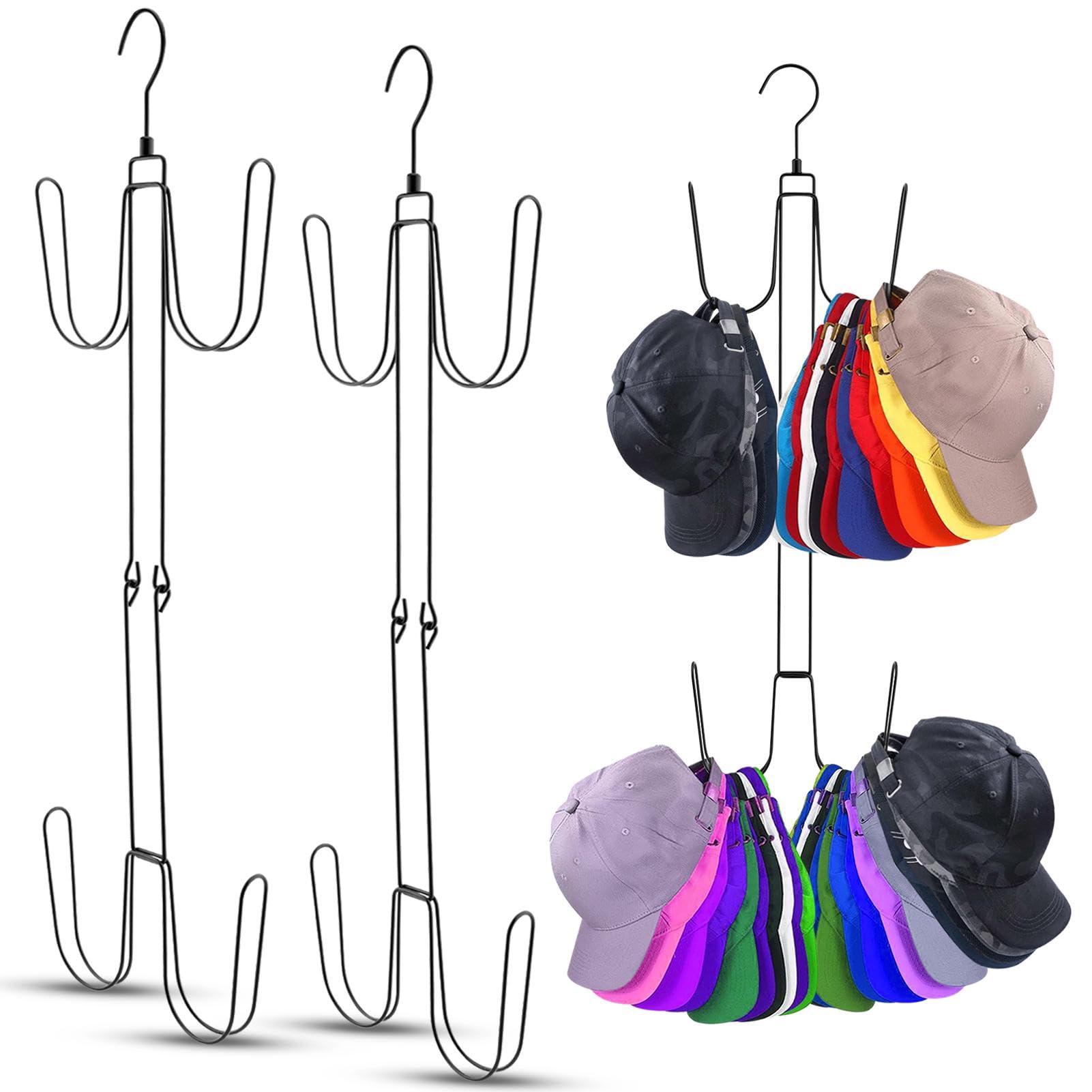 NINEFOX 2 Pack Hat Hanger, Hat Organizer for Baseball Caps, Stainless Steel Hat Rack for Hang, Cap Organizer, Hat Holder Storage for Bedroom, Closet Display