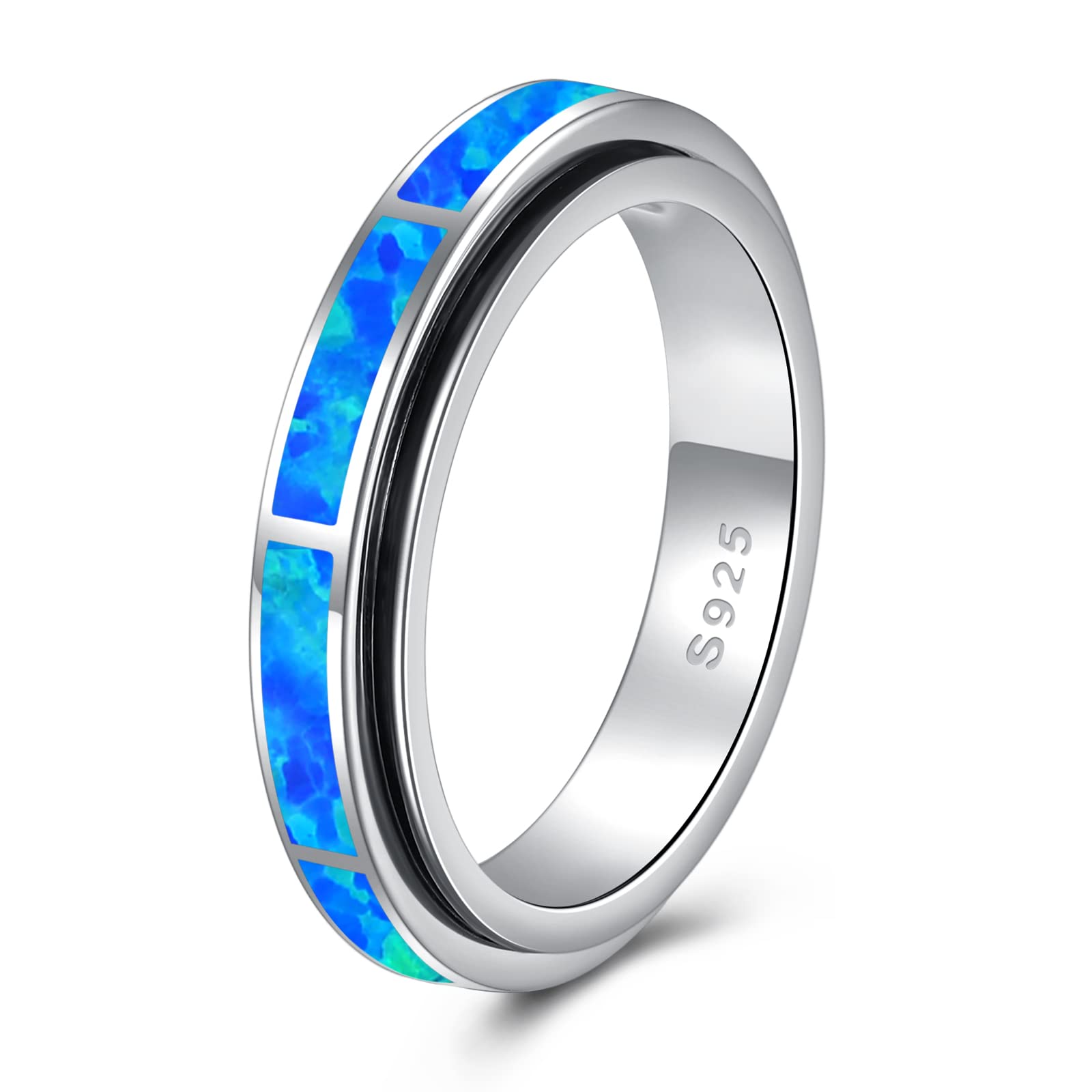 JUSTKIDSTOY Opal Fidget Ring Sterling Silver Blue Opal Spinner Ring for Anxiety Mood Worry Relieving Boredom ADHD Autism Jewellery Gifts for Women (8)