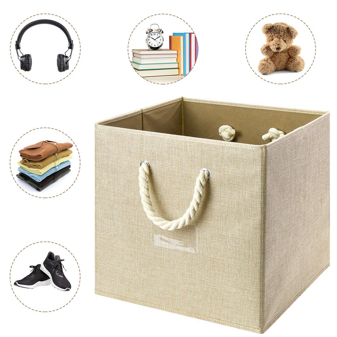 i BKGOO Foldable Storage Cube Bins Khaki Linen Fabric Collapsible Resistant Basket Box Organizer with Cotton Rope Handle for Home Office and Nursery 13x13x13 inch