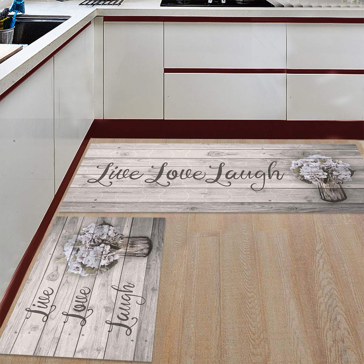 Infinidesign 2 Piece Kitchen Mat Non-Slip Floor Mat Super Soft Indoor Rugs Bathroom Runner Rug Set Carpet,Live Love Laugh Vintage Hydrangea Flowers on Wooden Plank (15.7"x23.6"+15.7"x47.2" inches)
