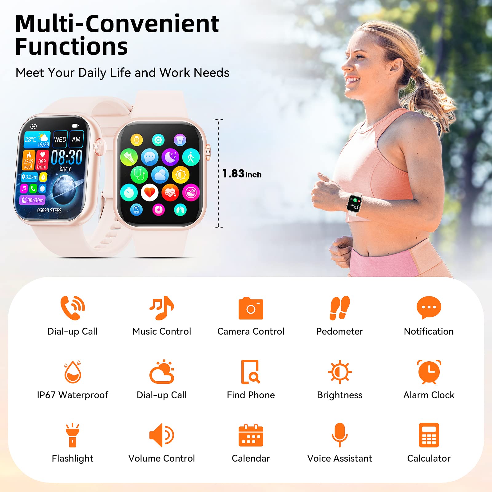 mingwear Smart Watch for Women Bluetooth Call (Answer/Make Call), 1.83" Full Touch Screen Smartwatch Fitness Watches with Heart Rate Sleep Monitor,Sports Modes,Activity Tracker for Android iOS(Pink)…