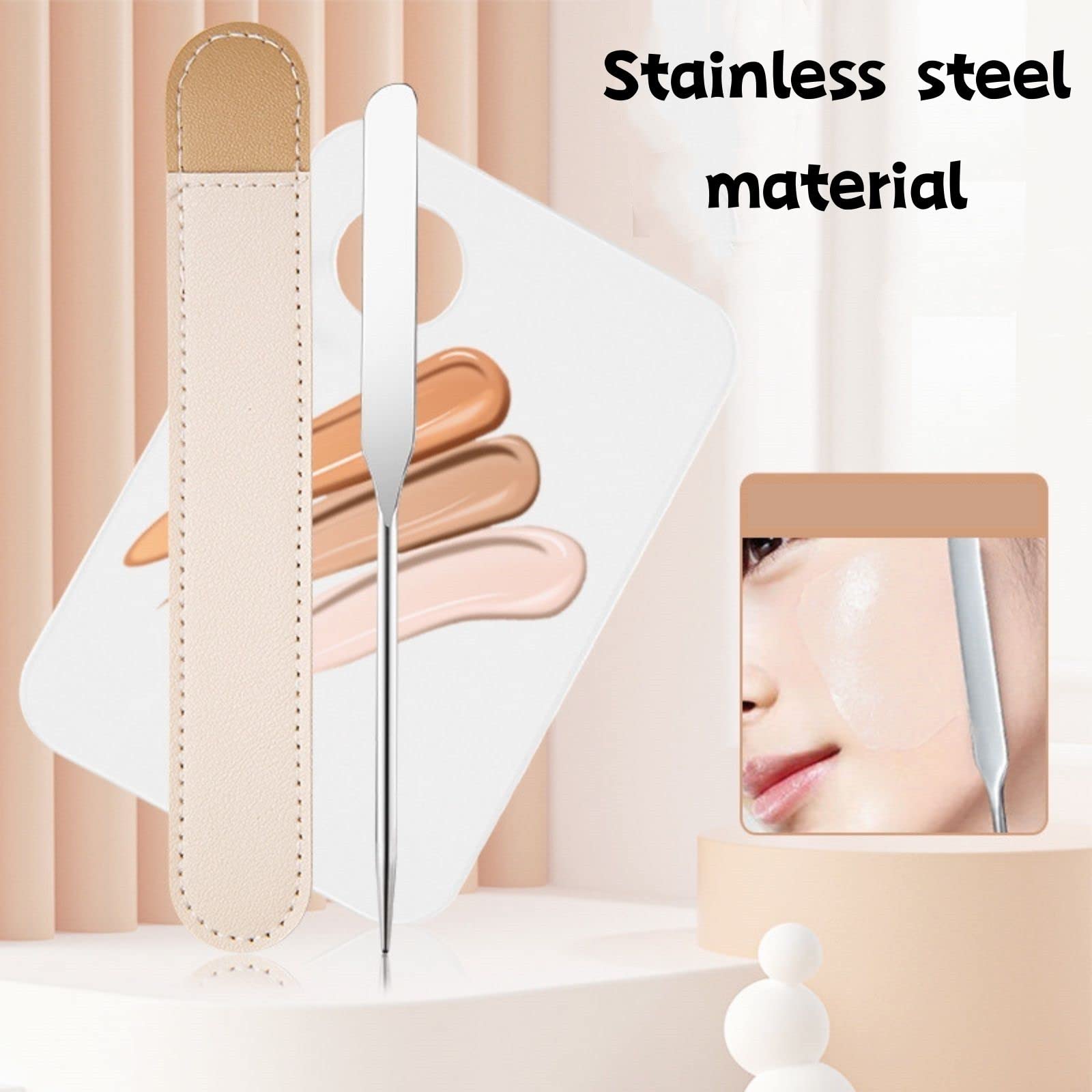 Makeup Spatula Korean,Foundation Spatula, Stainless Steel Makeup Spatula Mixing Palette Set,Ergonomic Manicure Stirring Tool Makeup Artist Tool Set(Leather Case+Palette)