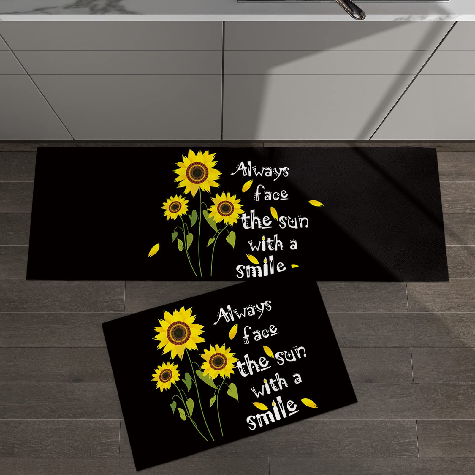 IDOWMAT Kitchen Rug Sets of 2 - Absorbent Non-Slip Kitchen Mats Farmhouse Yellow Sunflower Black Background Floor Comfort Mats Doormat for Kitchen Office Laundry 15.7x23.6in + 15.7x47.2in