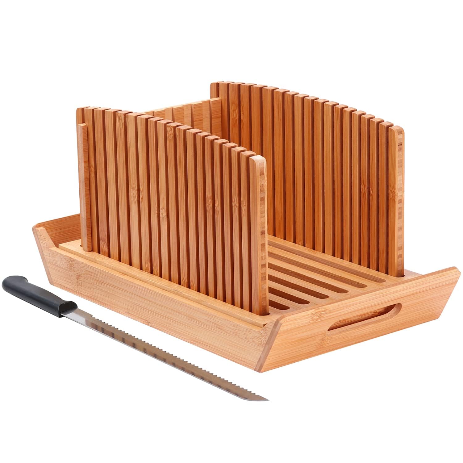 Kiss Core Premium Bamboo Bread Slicer for Homemade Bread, Crumb Catcher, Foldable and Compact Loaf Cutter 3 Size Slicing Guide