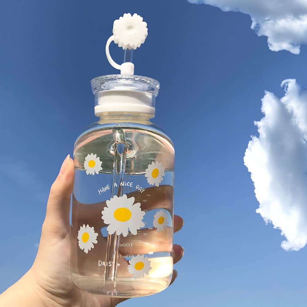 JZSMY 480ml Milk Juice Cute Water Bottle with Scale 2 Lids Little daisy Matte Portable Transparent Water Cup Glass Bottles Creative Handy Cup with Straw and Straw Plug (Transparent 6 flowers)