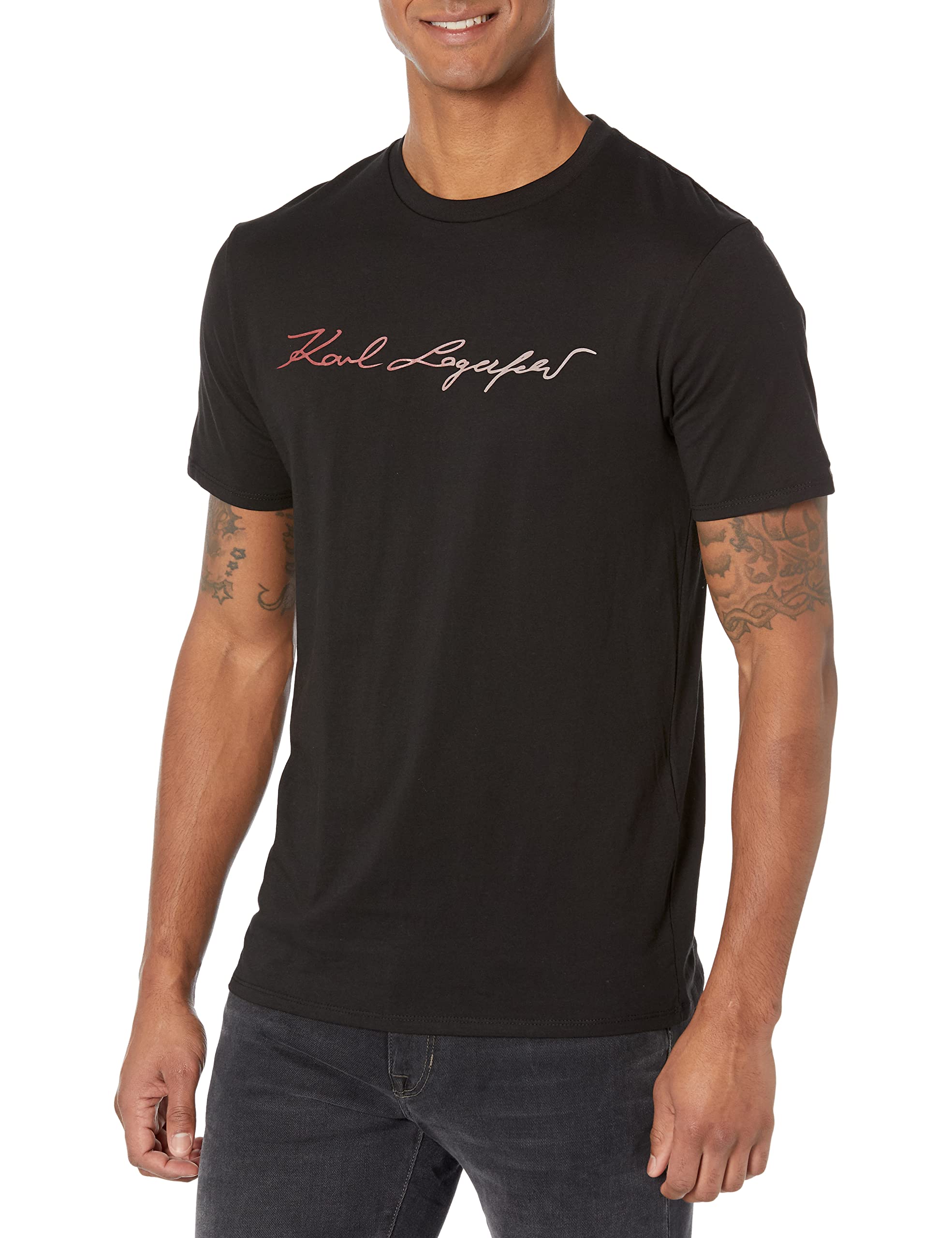Karl Lagerfeld Paris Men's Center Script Logo Crewneck Short Sleeve Solid T-Shirt, Black, XX-Large