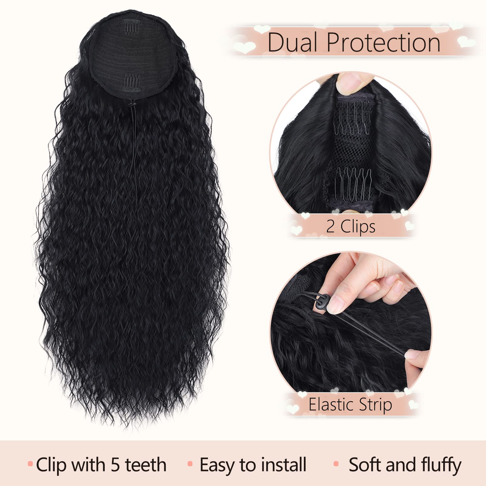 LNERATO Long Curly Drawstring Ponytail for Women 26" Black Curly Ponytail Hair Extension Synthetic Clips in Drawstring Ponytail for Daily Use (Natural Black)