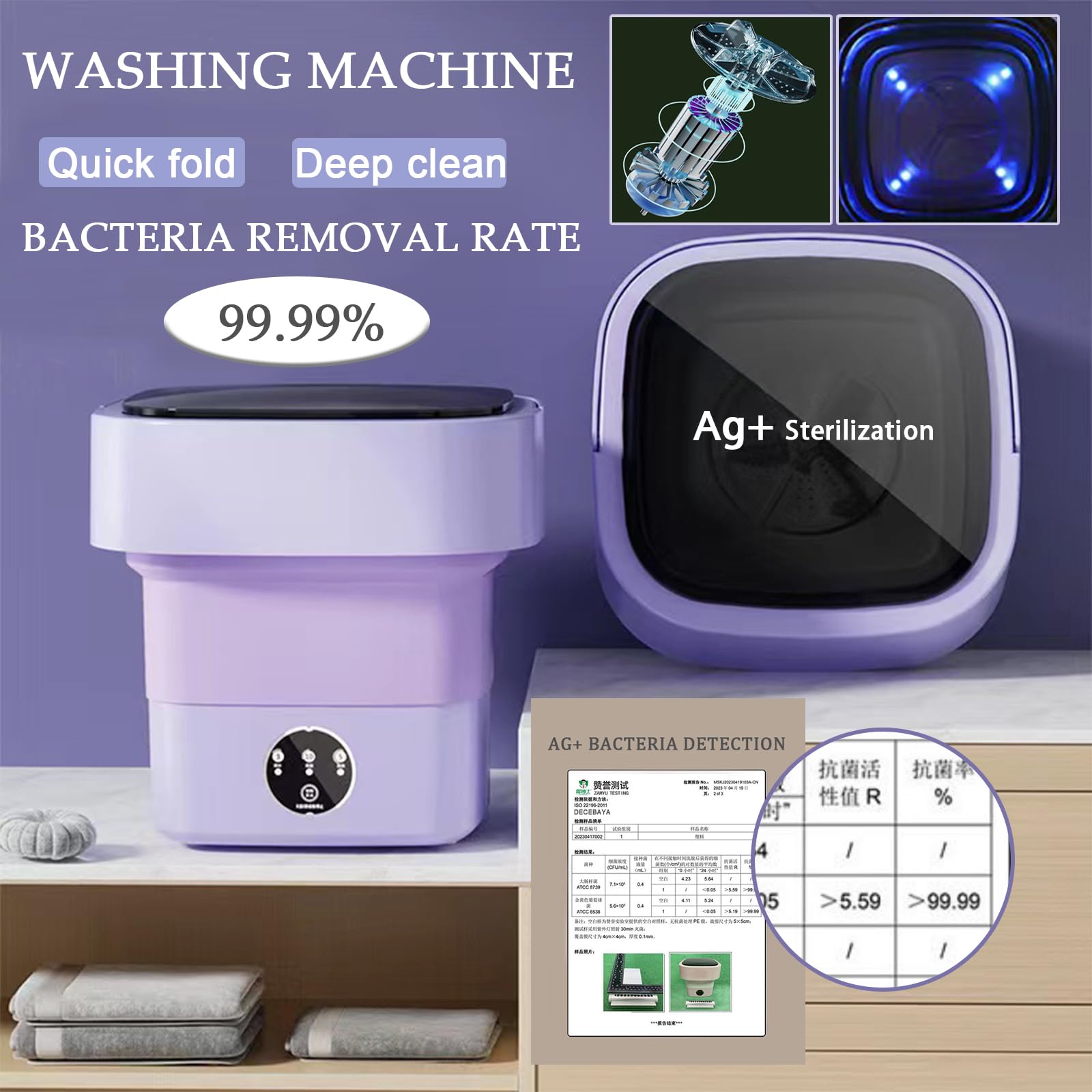 Portable Washing Machine, 8L Foldable Mini Laundry Washer Machine, Deep Cleaning of Underwear, Baby Clothes and Sock, Best for Apartments, Dormitories