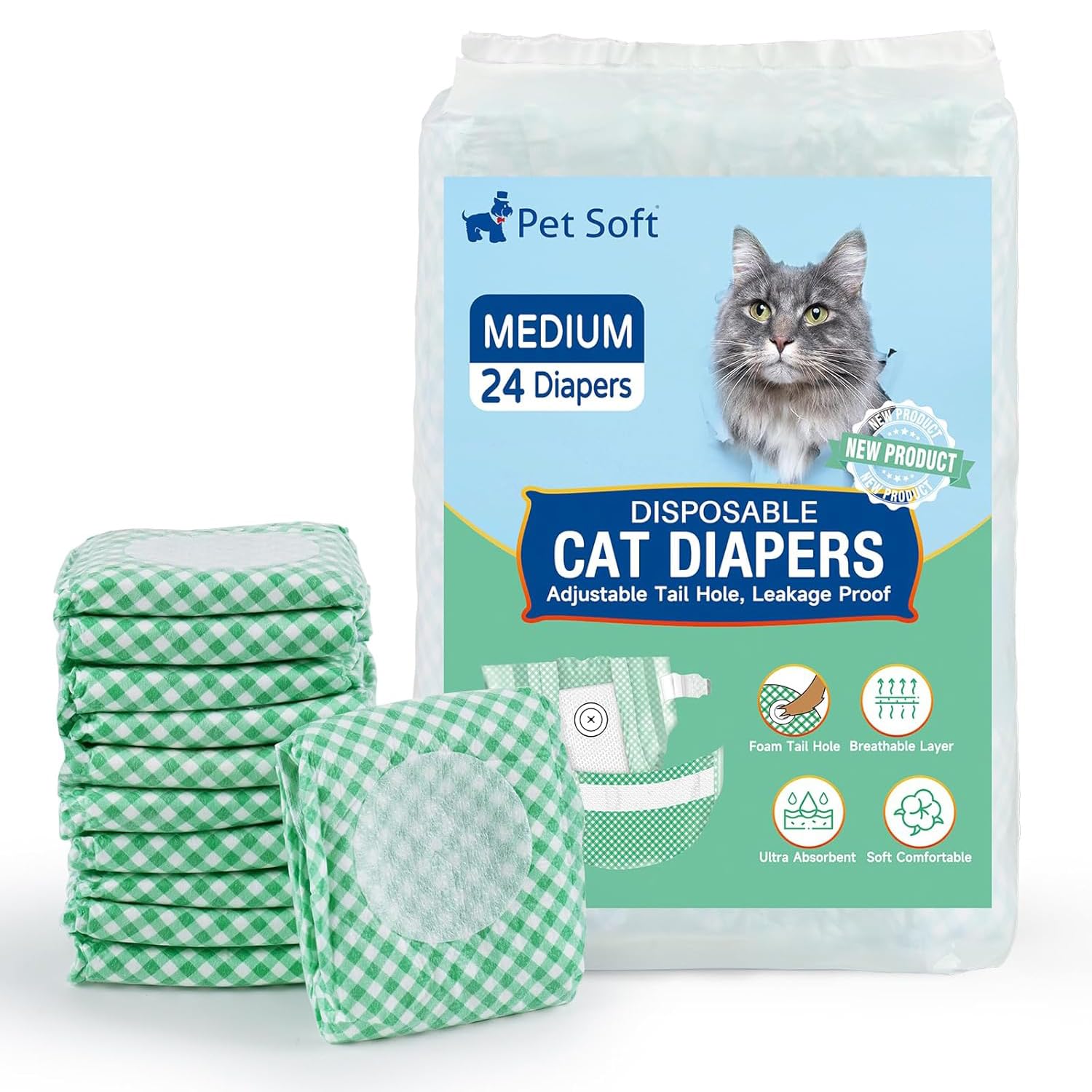 Pet Soft Disposable Cat Diapers - Diapers for Female & Male Cats, Puppy Doggie Diapers for Female Dogs with Adjustable Foam Tail Hole, Medium (24Pcs, Green)