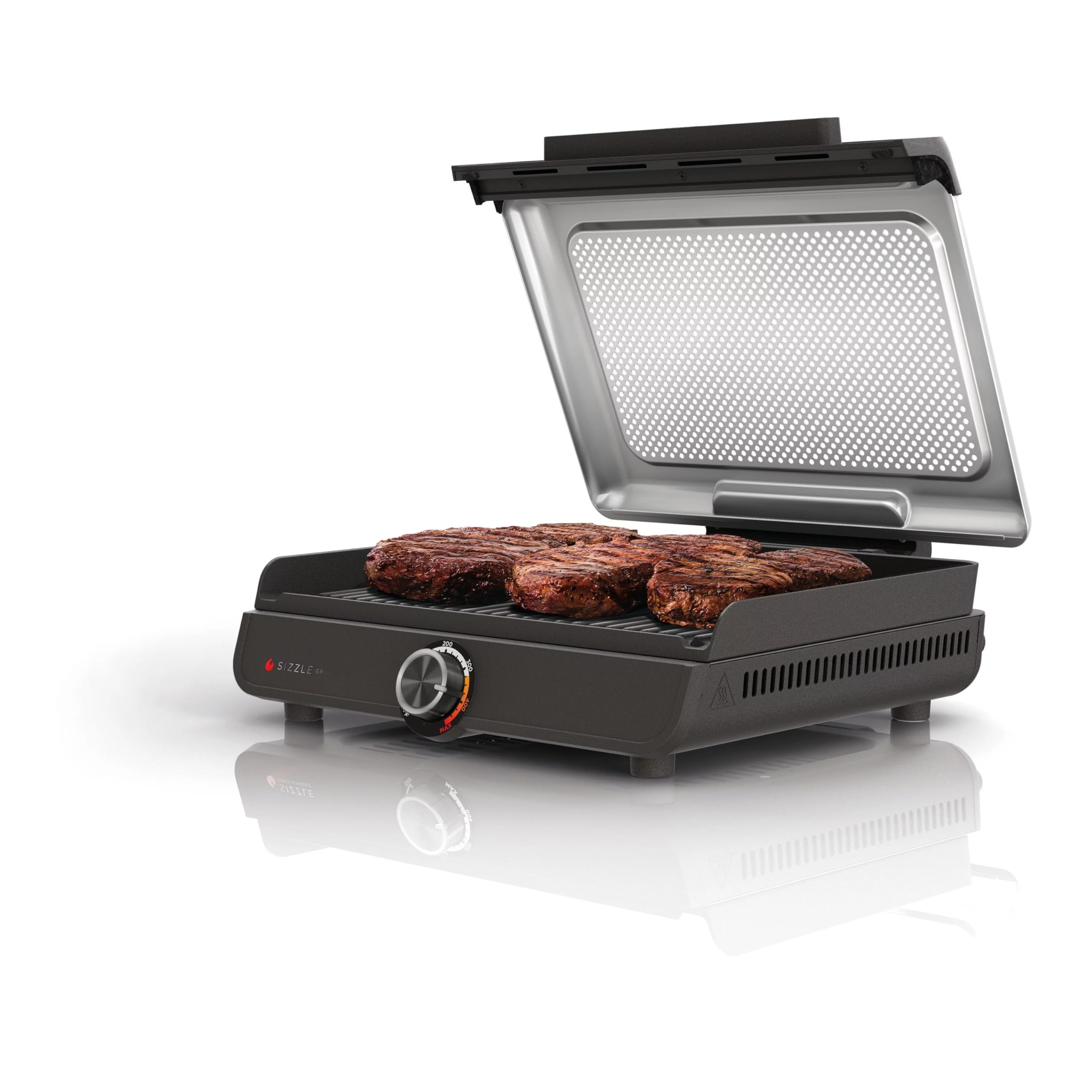Ninja GR100 Sizzle Smokeless Indoor Grill with Nonstick Grill Plate, Dishwasher-Safe Removable Mesh Lid, 500F Max Heat, Even Edge-to-Edge Cooking, Black (Renewed)