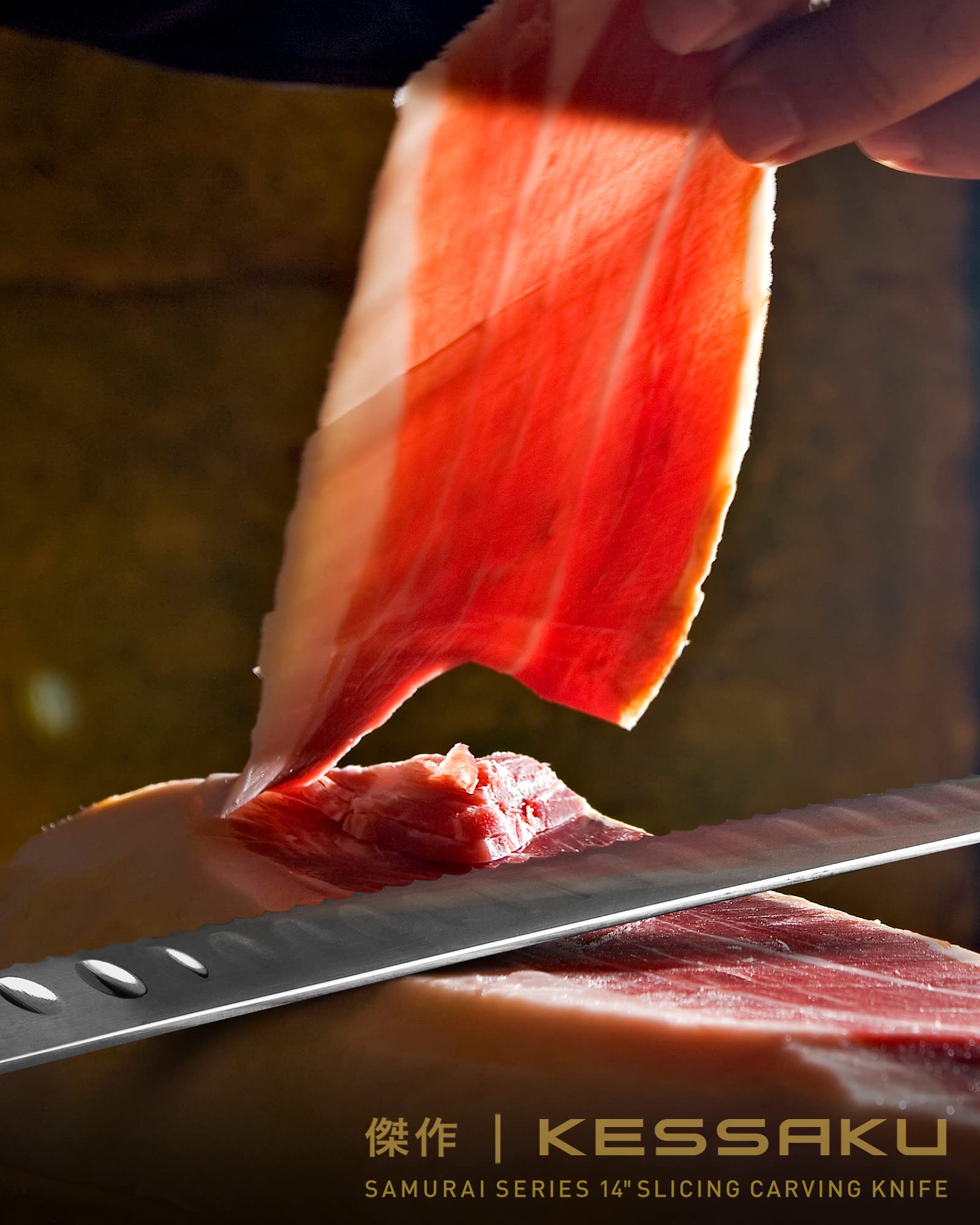 KESSAKU 14-Inch Slicing Carving Knife - Samurai Series - Serrated Granton Edge - Forged High Carbon 7Cr17MoV Stainless Steel - Pakkawood Handle with Blade Guard