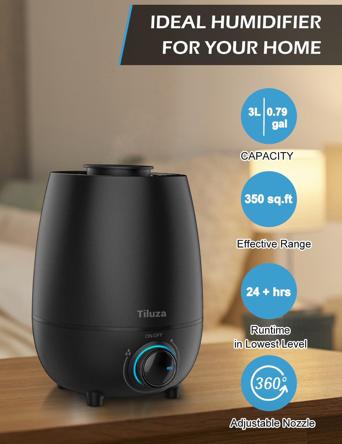 Humidifiers for Bedroom, Tiluza 3L Cool Mist Humidifier for Home Plant and Baby Nursery, Top Fill Quiet Ultrasonic Air Humidifier with 360° Nozzle, Auto Shut-Off, Filterless