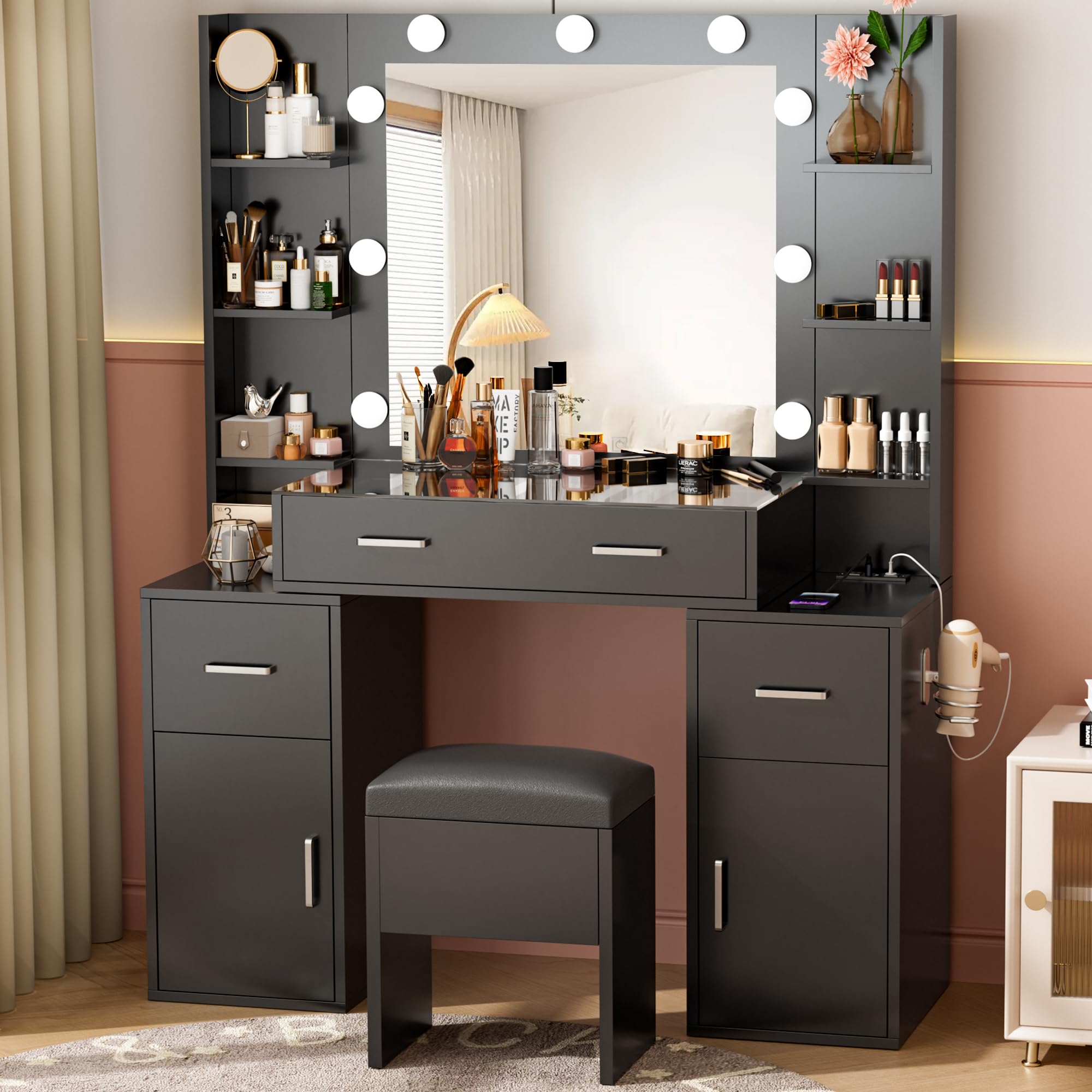 Makeup Vanity Desk with Lights, Glass Top Vanity with Charging Station, Vanity Mirror with 9 LED Lights Desk, Nightstand, Vanity Set with Storage Bench, 3 Lighting Modes Brightness Adjustable, White