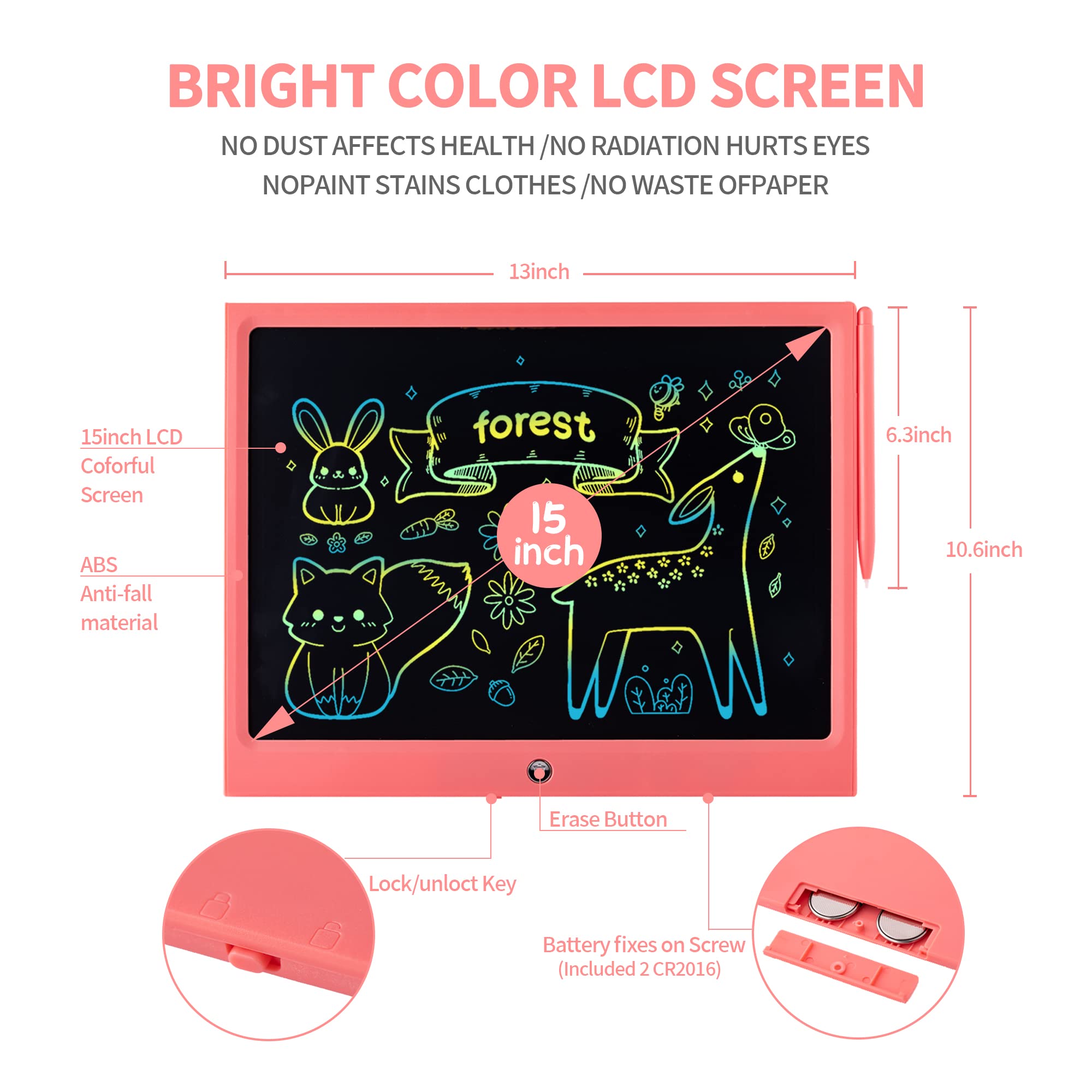 LCD Writing Tablet for Kids, 15 Inch Electronic Erasable Drawing Tablet, Toddler Learning Educational Toys Christmas Birthday Gifts for Kids Age 3+