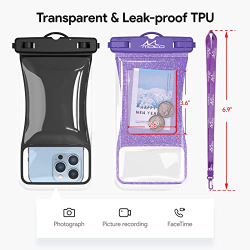 MoKo Waterproof Phone Pouch Holder 2Pack, Floating Case Dry Bag with Lanyard Compatible with iPhone 14 13 12 11 Pro Max X/Xr/Xs/SE3, Galaxy S21 Ultra/S9/Note 10+/20 Ultra, Black + Glitter Purple