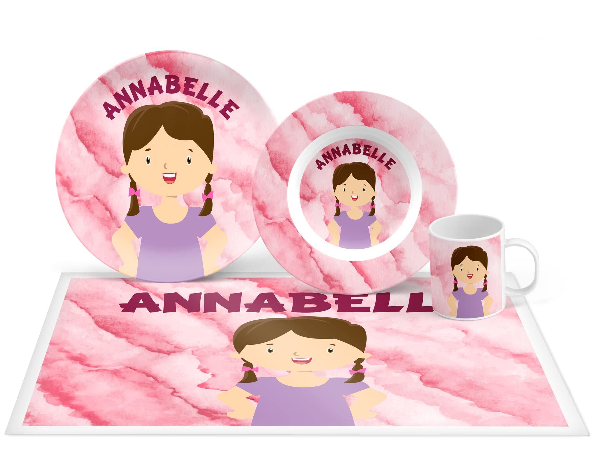 Kids Personalized Plate Set - Mini Me Girl Character - Plate, Bowl, Placemat, Mug - Customize Character