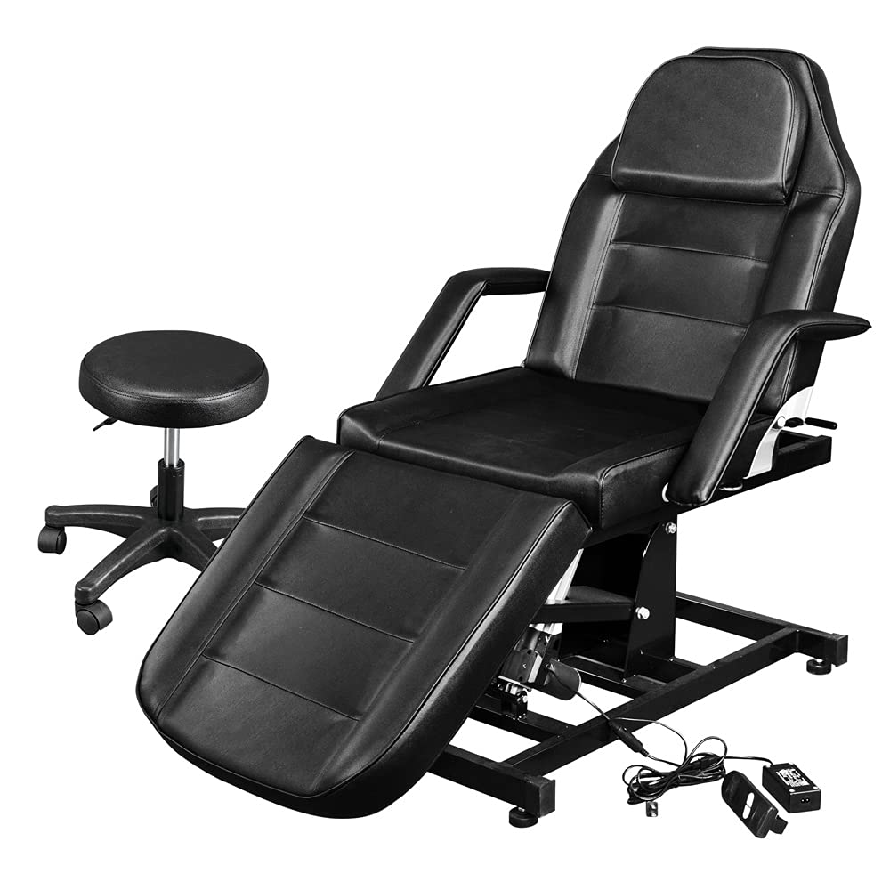 MENGK 72in 3-Section Spa Beauty Salon Tattoo Massage Bed with Motorized Reclinable Height Power Lift & Stool Black
