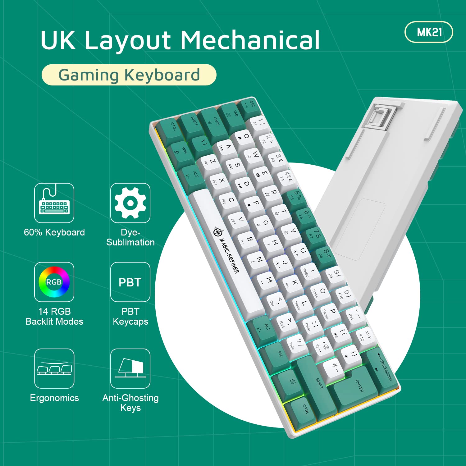 MAGIC-REFINER 60% Wired Mechanical Gaming Keyboard and Mouse Combo, Ultra-Compact 62 Keys RGB Backlit Red Switch Computer Keyboard with PBT Keycaps,12000DPI Lightweight Mouse for PC/Mac Gamer