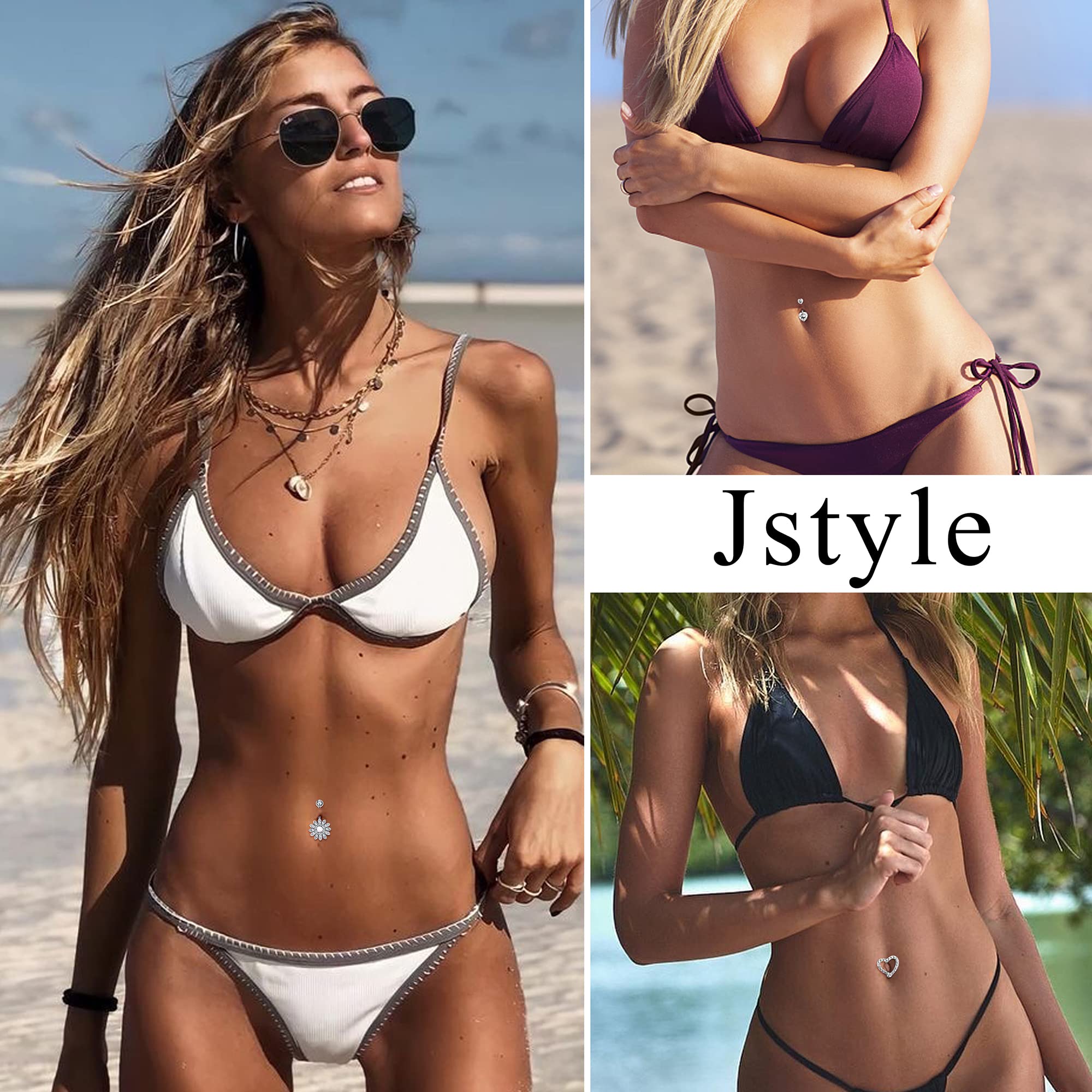 Jstyle Surgical Steel Belly Button Ring for Women Belly Piercing Dangling Cute Heart Butterfly Navel Rings Pack Silver