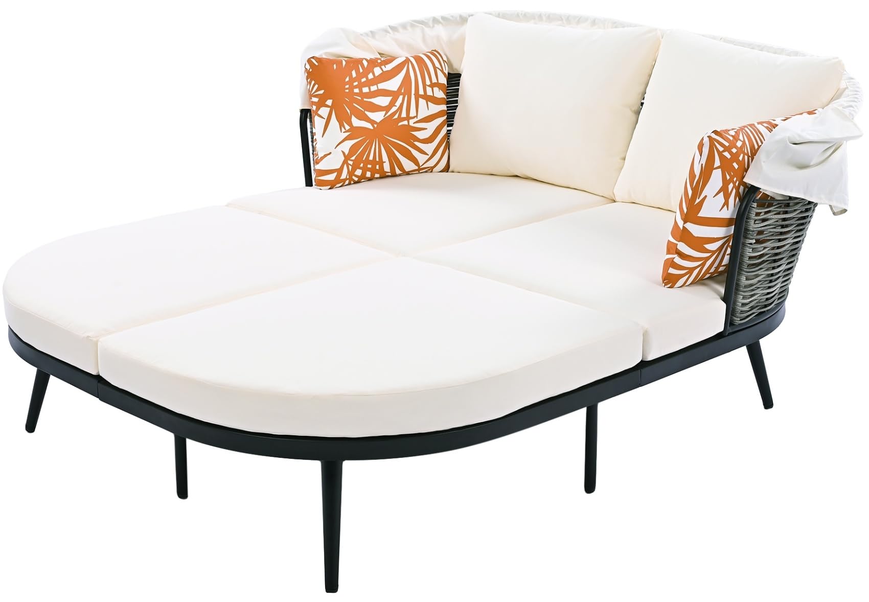 Merax 74.8" L Outdoor Daybed with Retractable Canopy Mattress Included, Patio Rattan Back Loveseat Sofa, Day Bed Throw Pillows and Cushions Set for Backyard, Poolside, Garden, Beige