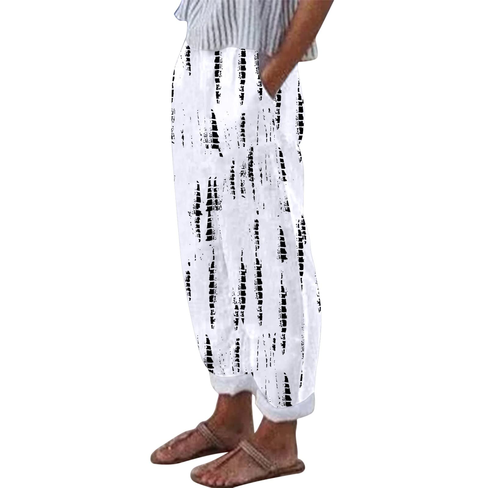 Mackneog Casual Pull On Capris for Women Casual Summer Summer Linen Womens Pull On Capris Summer High Waist Capris High Rise Black