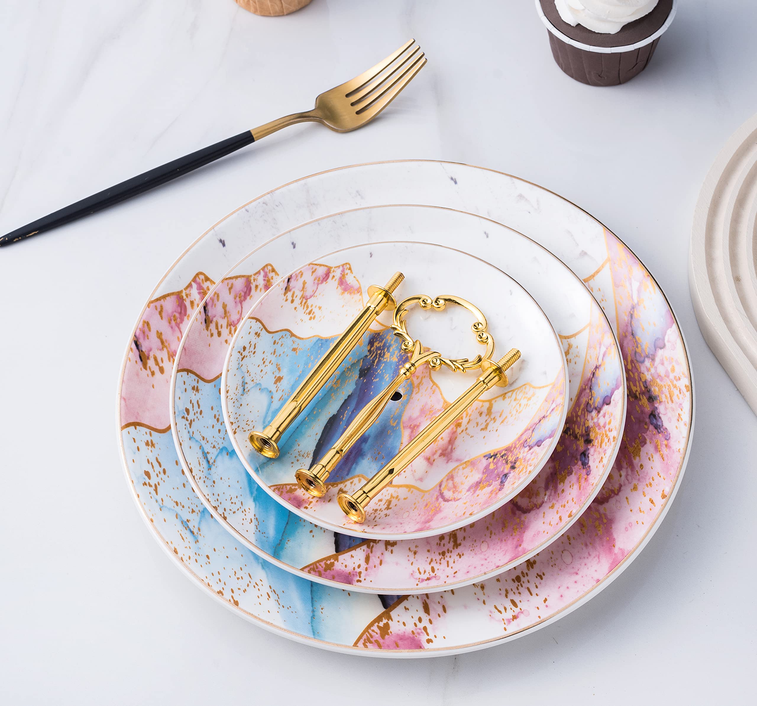 Jusalpha Fine China Rainbow Galaxy Series 3-tier Cake Stand- Cupcake Stand- Tea Party Pastry Serving Platter in Gift Box and a Free Sugar Tong (Rainbow Galaxy 3T)