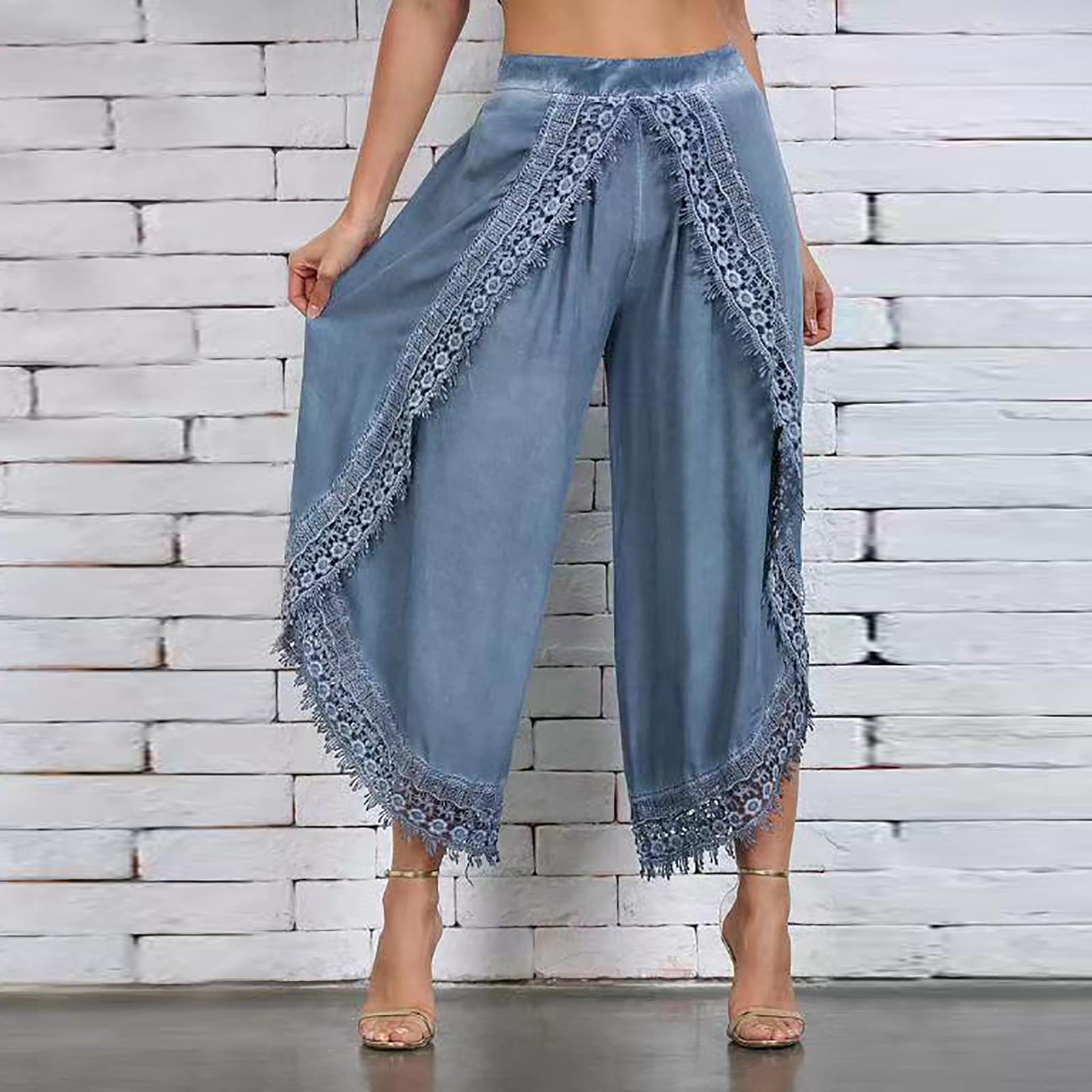 Mackneog Color Block Casual Elastic Waist Capris for Women Solid Summer Capris 2022 Summer Linen Capris Womens Pull On Capris Navy