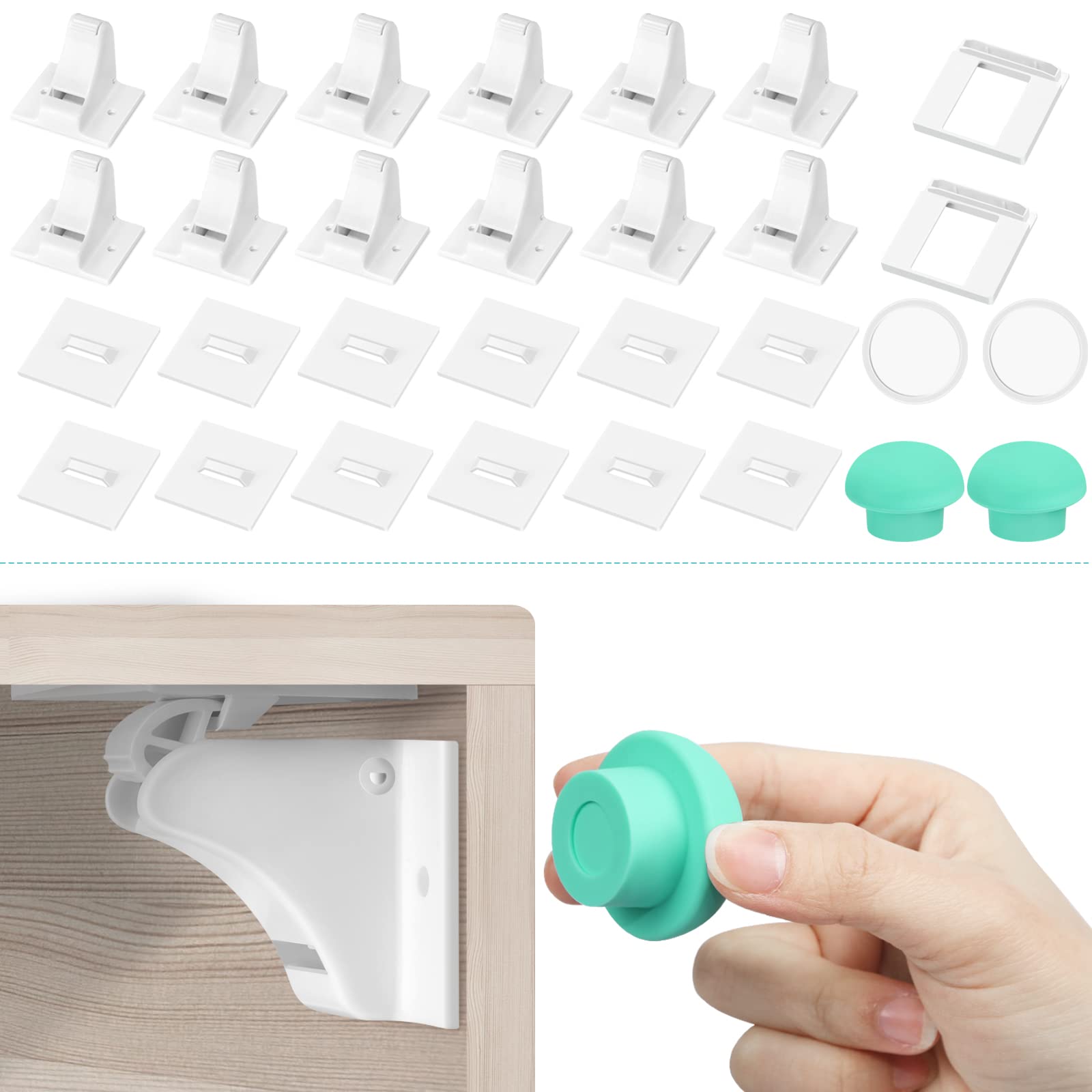 Magnetic Cabinet Locks Baby Proofing 12 Pack, Children Proof Cupboard Drawers Latches, Adhesive Easy Installation No Drilling Required(12 Locks and 2 Keys)