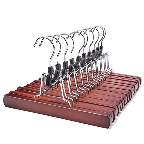 Nature Smile Wooden Pants Skirt Hangers, Smooth Finish Solid Wood Non Slip Jeans Slack Clamp Hangers Hair Extension Hangers (10 Pack Cherry)