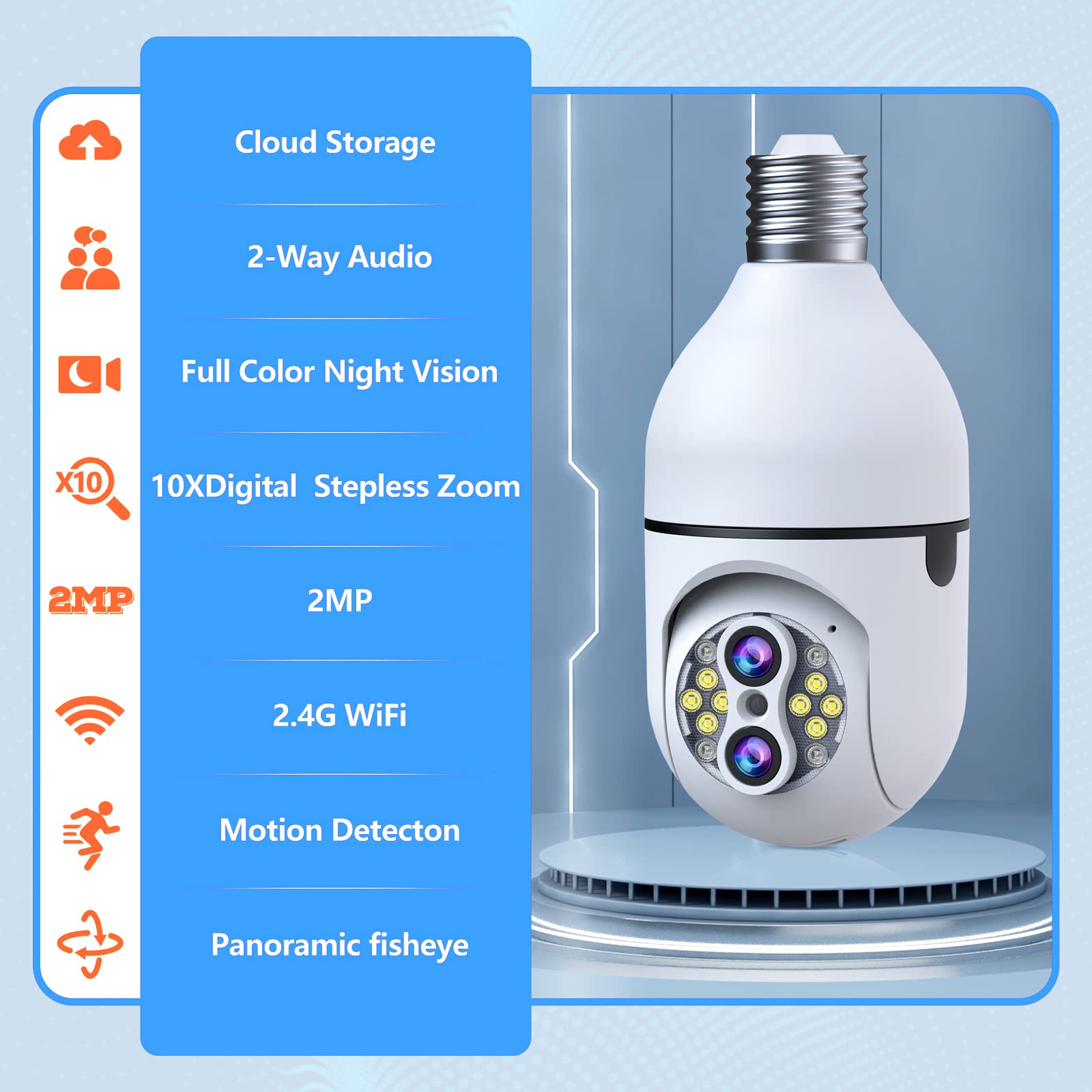 Light Bulb Security Camera Wireless Outdoor with Color Night Vision, 10X Hybrid Zoom 360° View Dual Lens Light Socket Camera Auto Tracking PIR Motion Detection Alerts Two Way Talk Color Night Vision