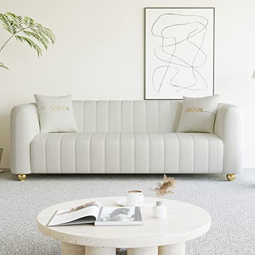 Lkvkvri 83 inch White Velvet Couch Wide Modern Loveseat Chesterfield 3-Seat Couch Sofa 750 lbs Weight Capacity with 2 Throw Pillows for Living Room