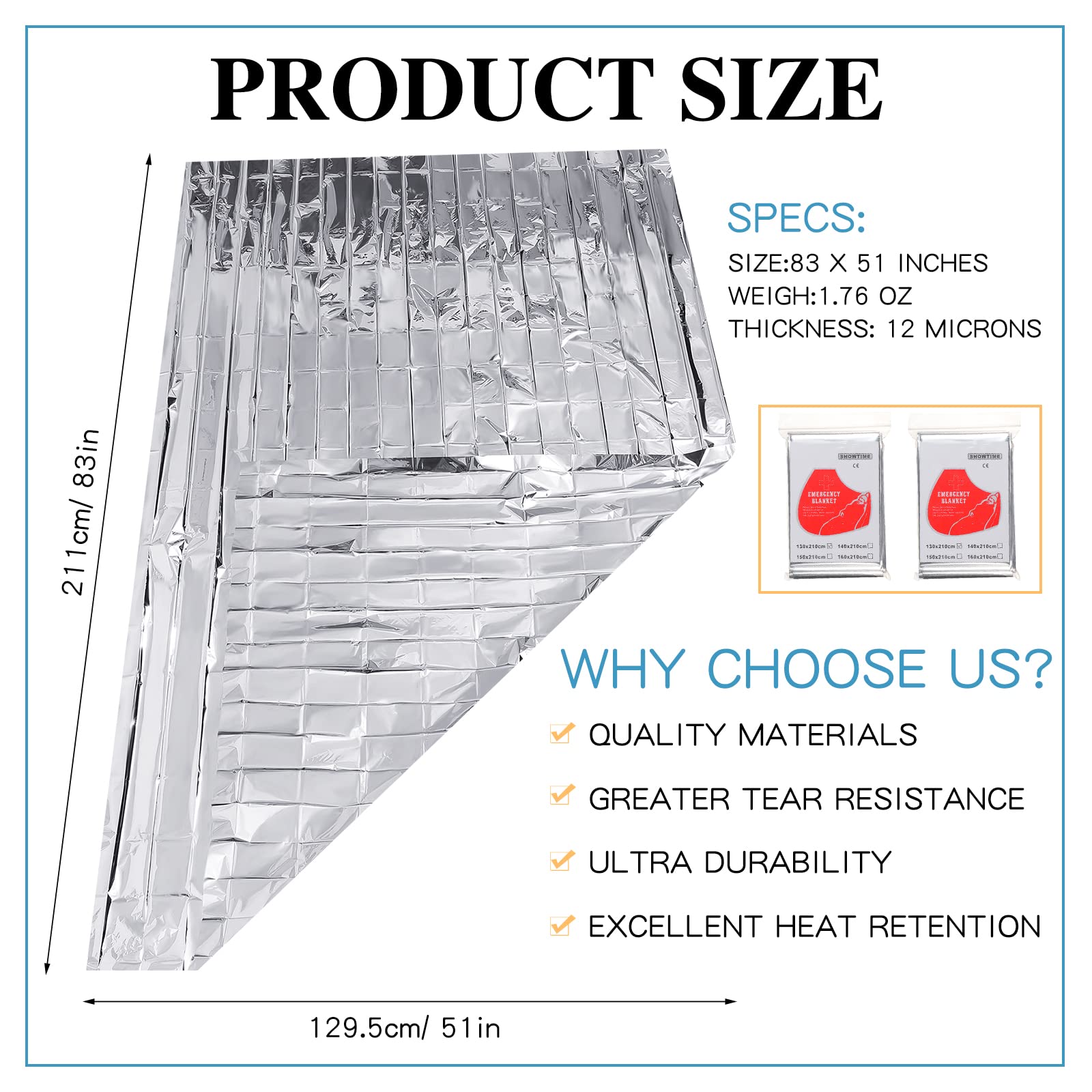 Macarrie 100 Pack Emergency Thermal Blankets Silver Foil Survival Blanket Space Blanket Survival Kit for Outdoors, Camping, Hiking, Homeless, Survival or First Aid (Silver)